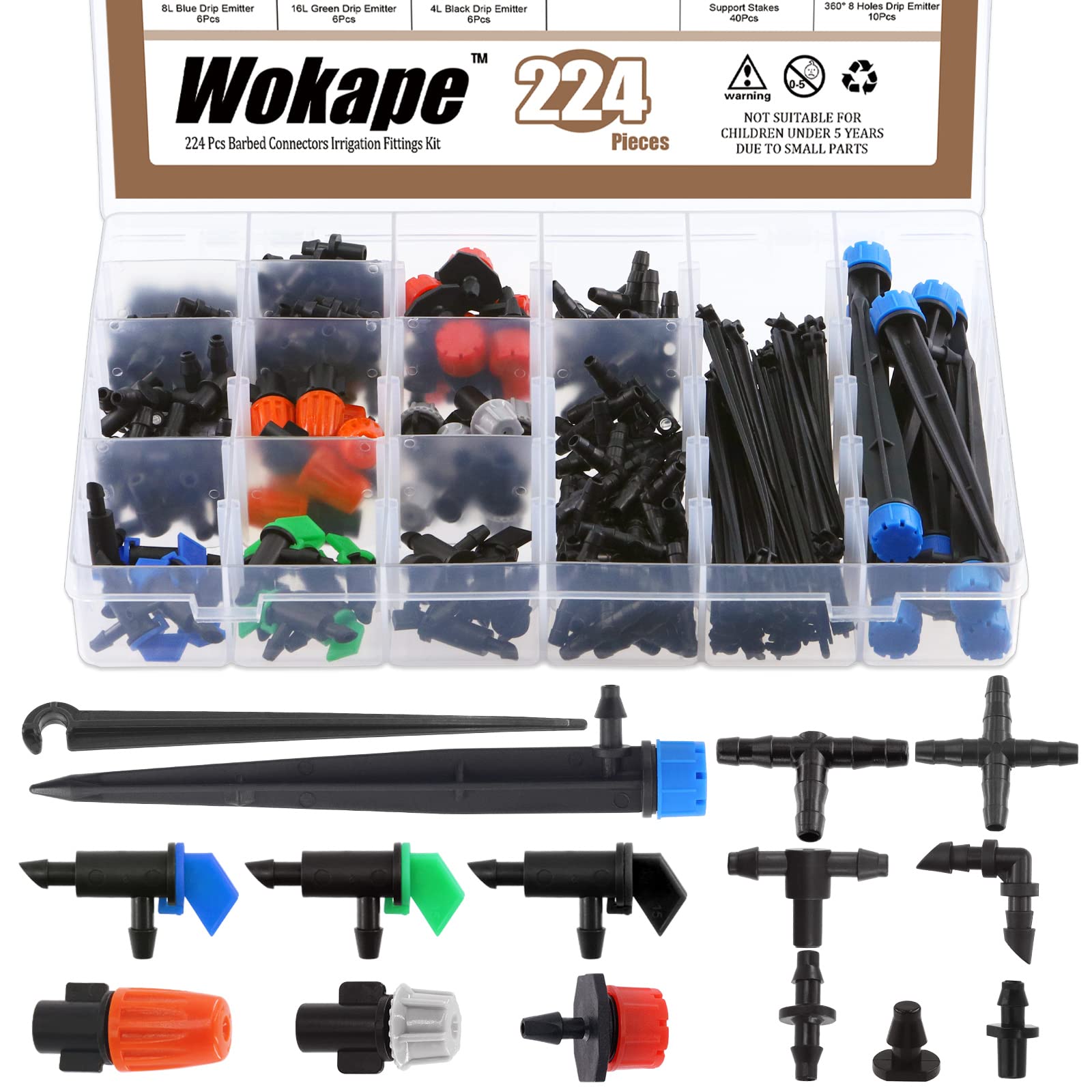 Wokape 240Pcs Drip Irrigation Kit Garden Watering System, Auto Micro Barbed Connectors Irrigation Fittings Kit for Pot Garden Lawn