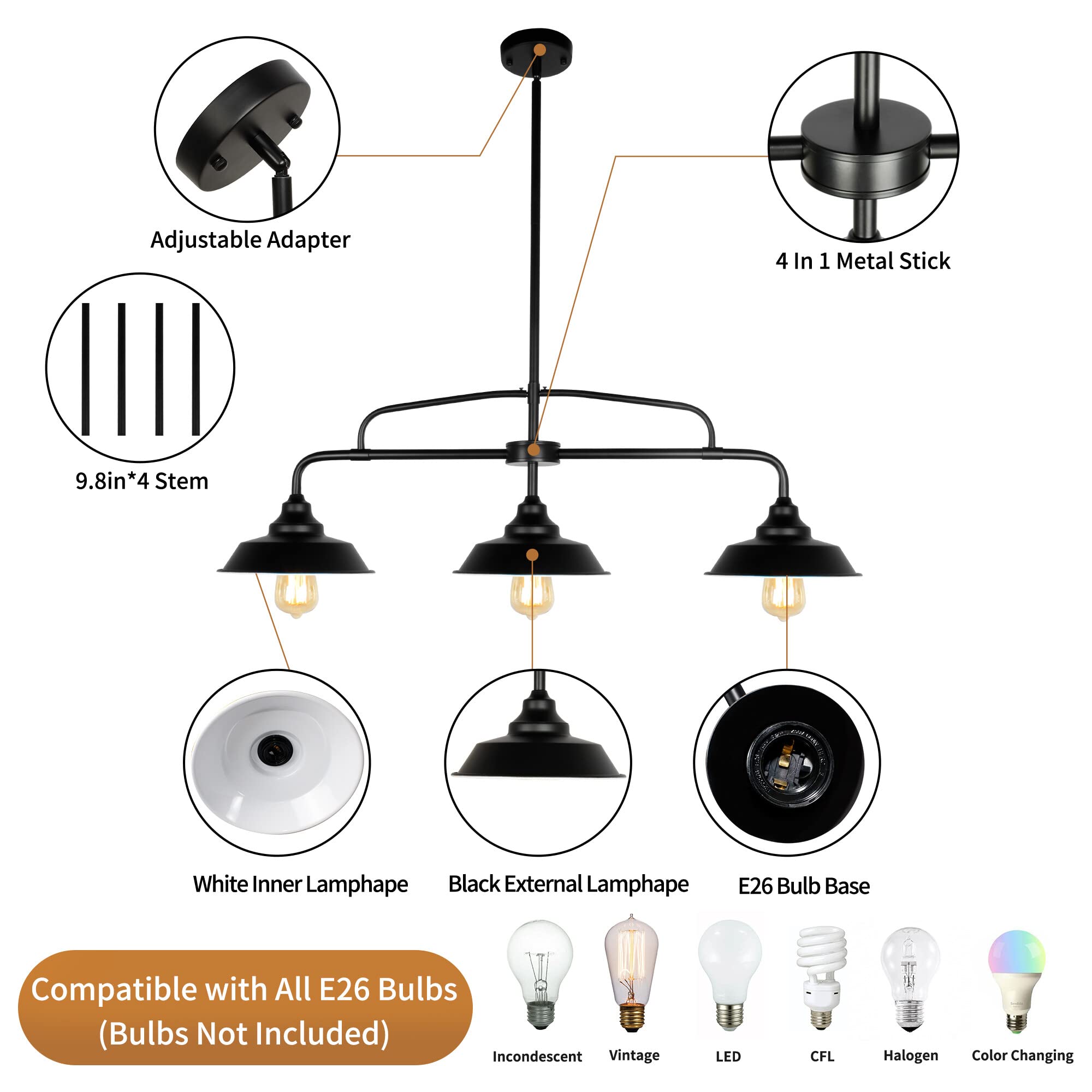PUZHI HOME Black Pendant Lighting Fixture, 3-Lights Modern Farmhouse Chandelier with Metal Island Lights for Kitchen for Dining Room Hallway Pool Table