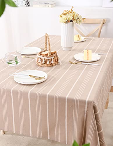 Simple&Opulence Linen and Cotton Stripe Waterproof Rectangle Tablecloth for Dinner,Picnic,and Indoor&Outdoor Party for Easter (Brown Background,White Stripe,60''x104'')
