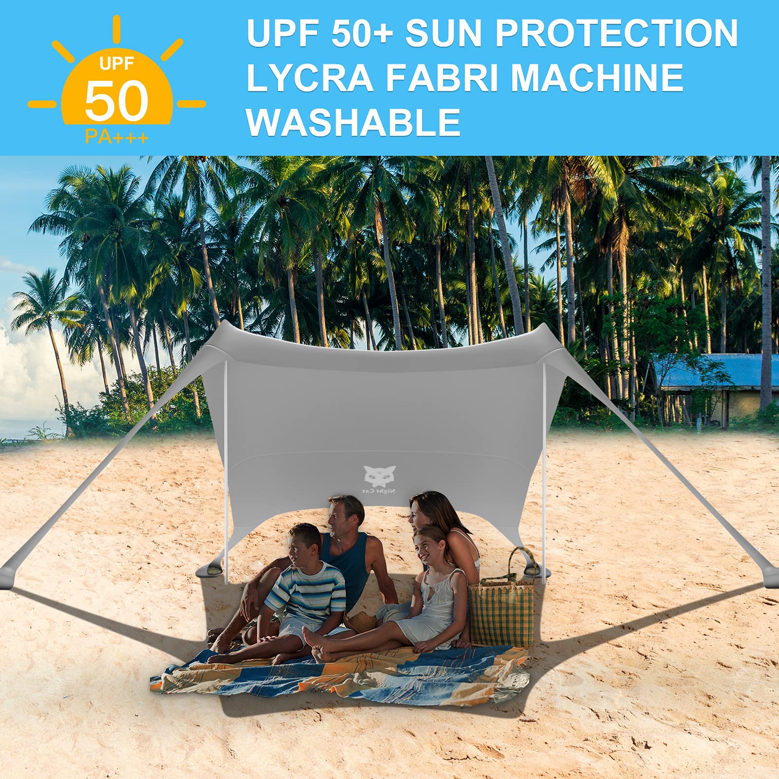 Night Cat Beach Tent Lycra Shade Tent Beach Shell Awning Sun Shelter UV Protection UPF 50+ with Sandbag Anchor for Beach Picnic Fishing Camping