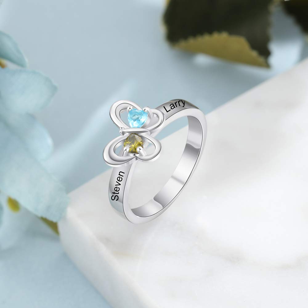 Personalized Butterfly Ring with 2 Names Engraved 2 Heart Simulated Birthstones for Women BFF Anniversary Rings Mom Daughter Ring Personalized (Size 9)