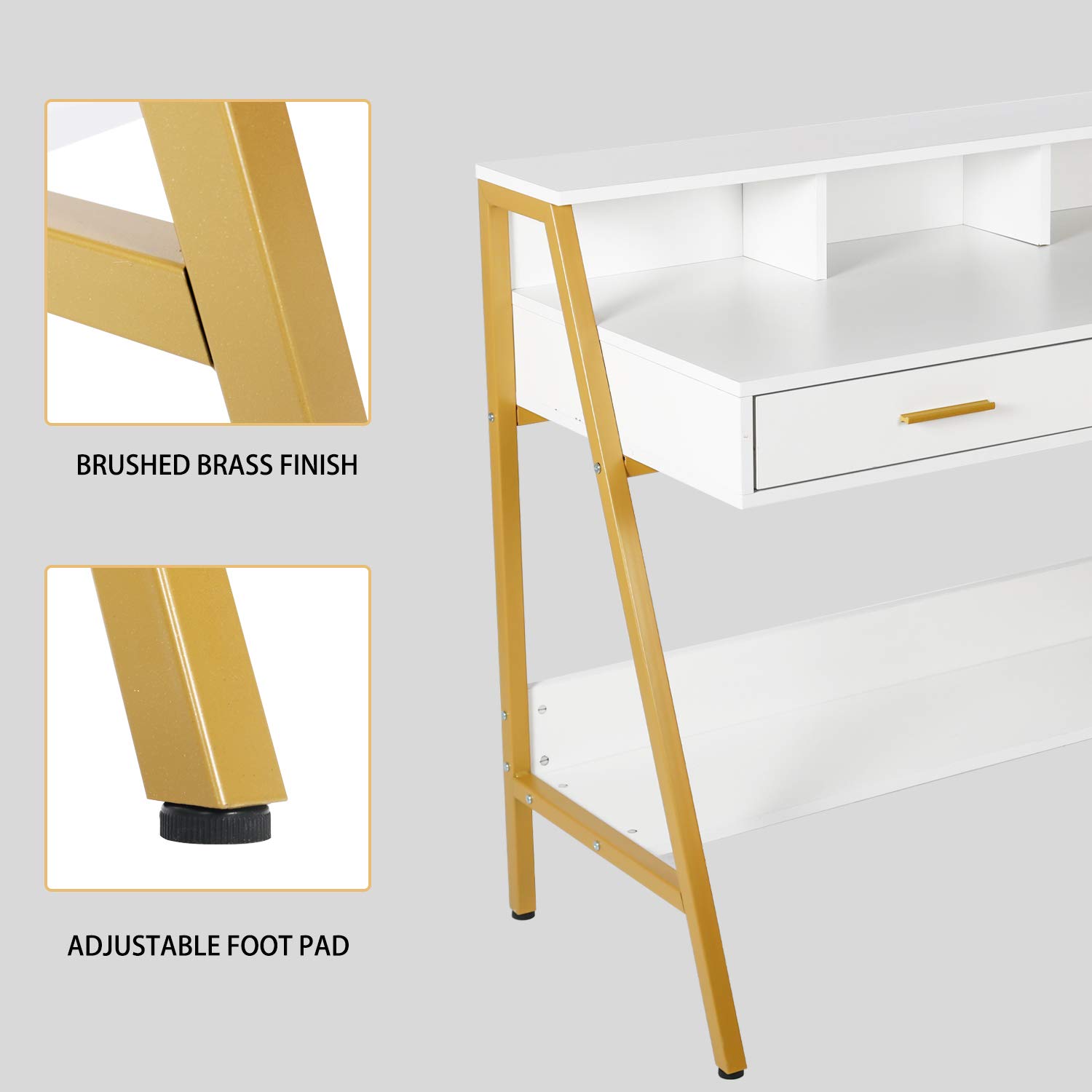 Modern Writing Desk with Hutch - 39β x 19β Workstation Computer Work Study Table for Home Office Furniture Vanity Make Up Desk, 3 Tier Storage Shelf and 2 Drawers (White/Gold)