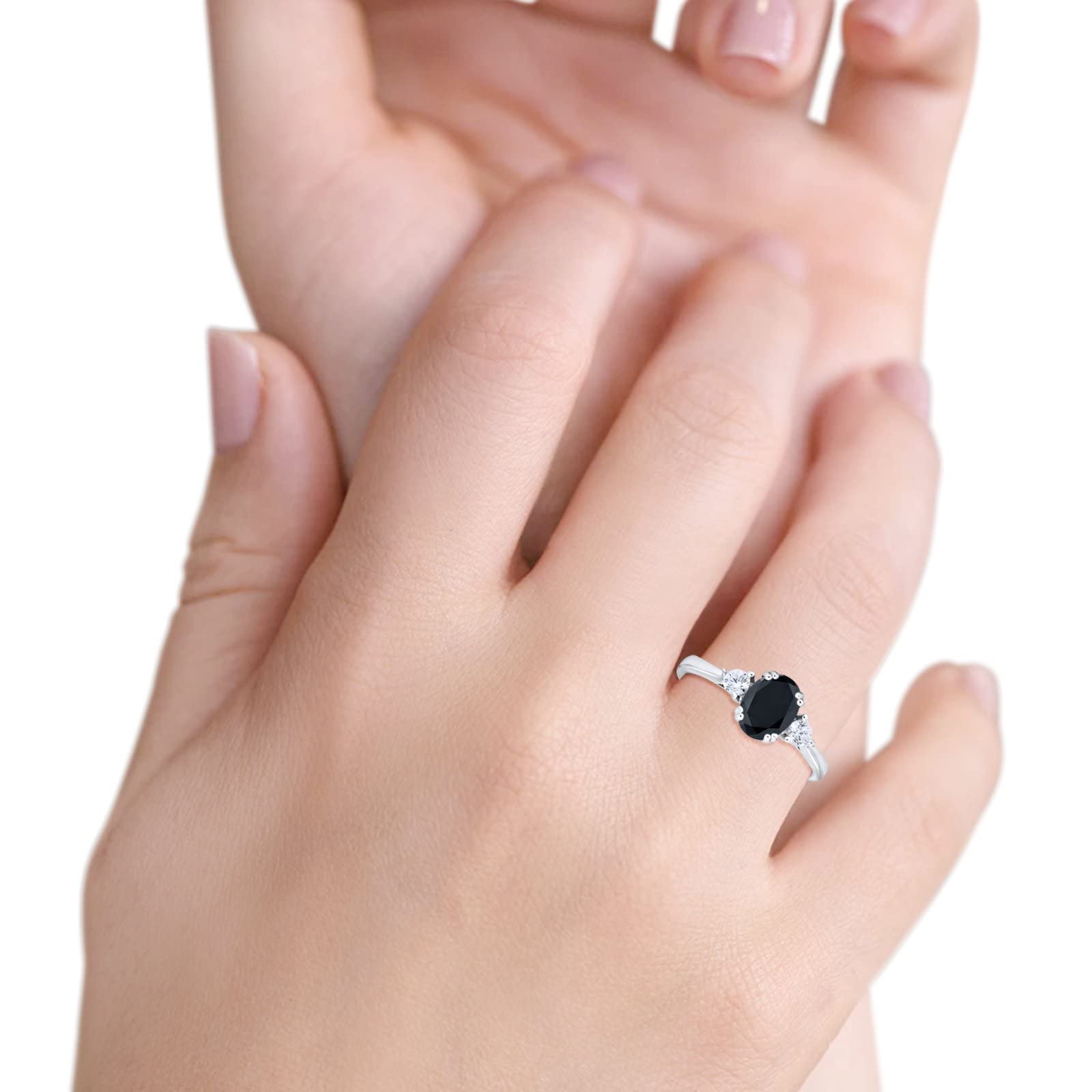 Simulated Black Cubic Zirconia Size-11 Three Stone Wedding Engagement Ring Oval Round Simulated Cubic Zirconia 925 Sterling Silver