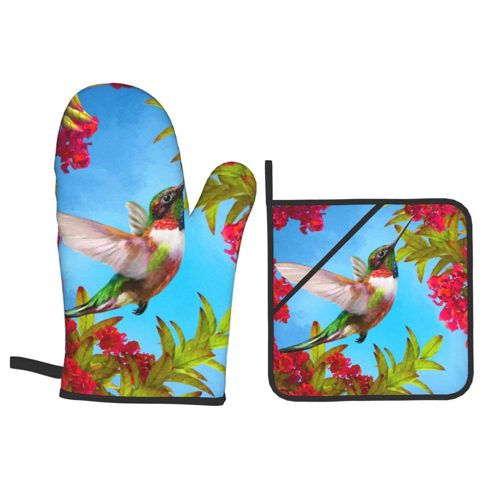 Spring Bird Hummingbird Oven Mitts and Pot Holders Sets 4 Piece Set Heat Resistant Non Slip Oven Mitts for Cooking Baking Grilling