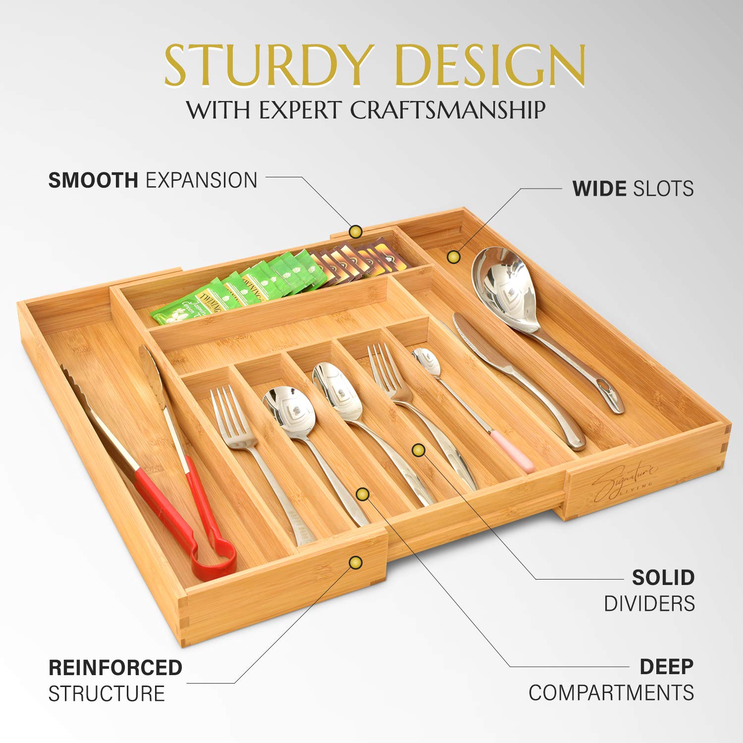 Signature Living Bamboo Expandable Utensil Drawer Organizer, Premium Bamboo for Cutlery, Flatware, Silverware - Drawer Dividers for Easy Storage (8-10 Slots)