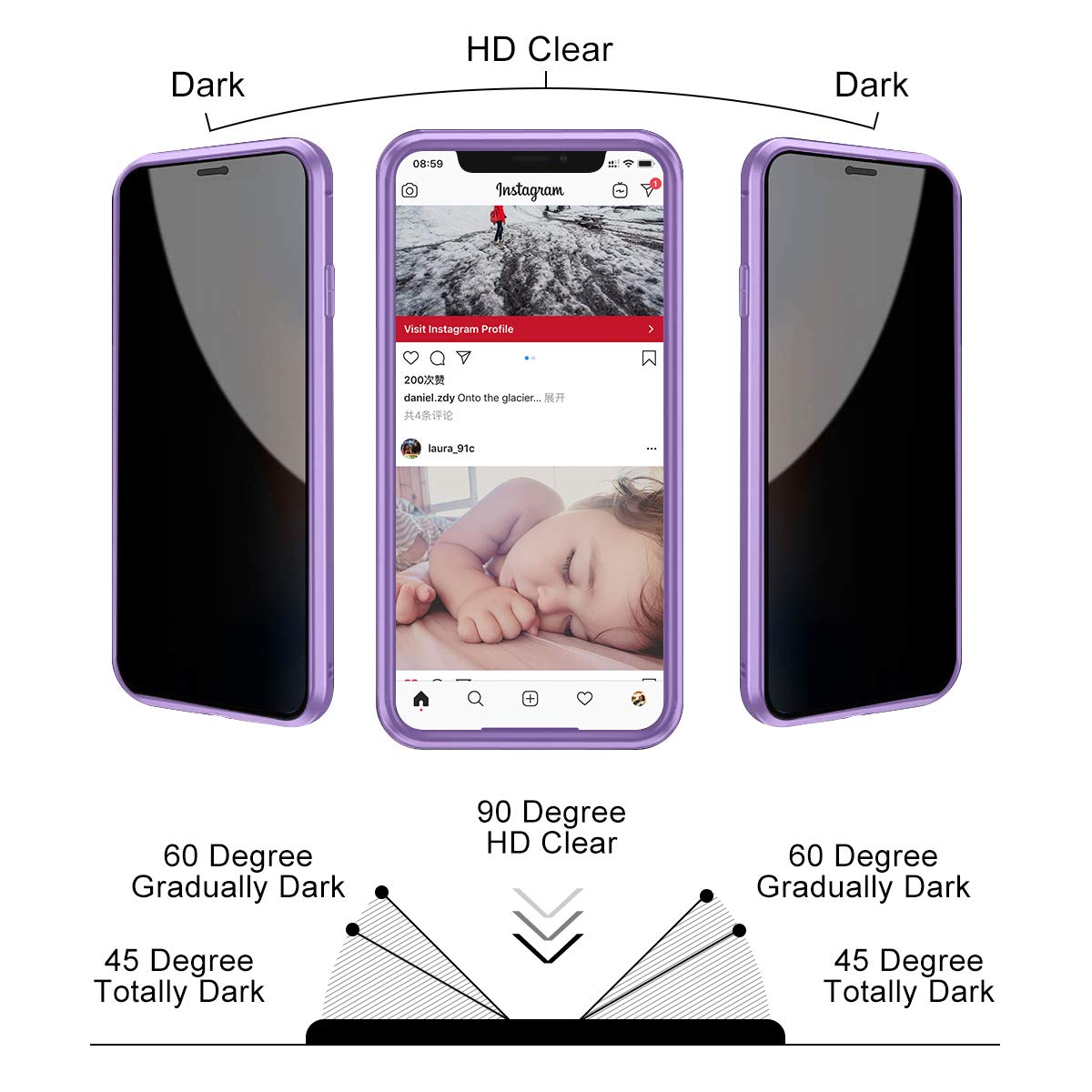 Magnetic Case for iPhone 11, Anti Peep Magnetic Adsorption Double-Sided Privacy Screen Protector Clear Back Metal Bumper Antipeep Cases Anti Peeping 2 Sided Cover for iPhone 11 6.1 Inch-Purple