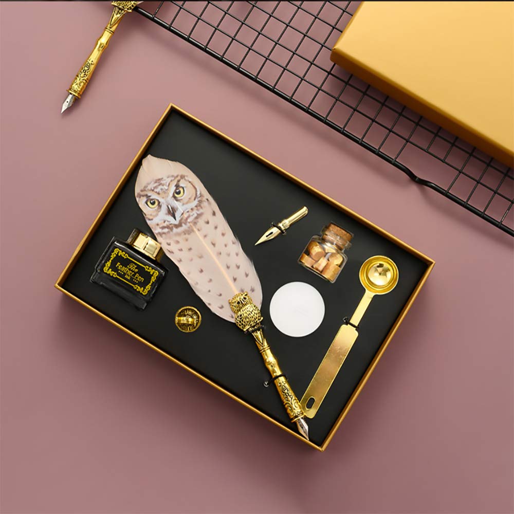 Owl Calligraphy Quill Pen Ink Set, Antique Feather Dip Pen Kit Writing Quill Storage Ink Dip Pen Gift Set Calligraphy dip Pen Ink Pens for Beginners, Student, Scholar (typle 2)
