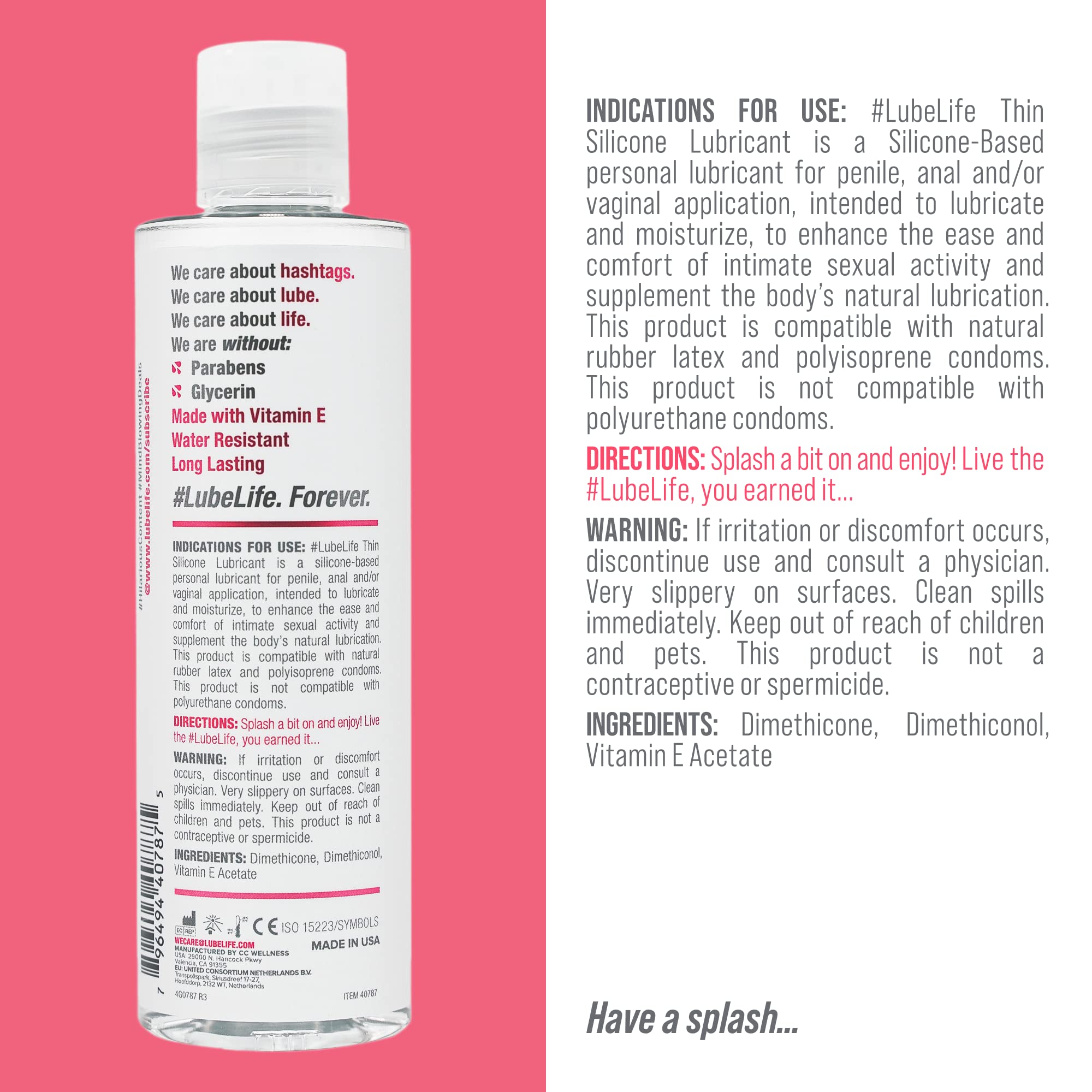 Lube Life Barely There Thin Silicone-Based, Long Lasting, Water Resistant, Personal Lubricant for Men, Women and Couples, 8 Oz