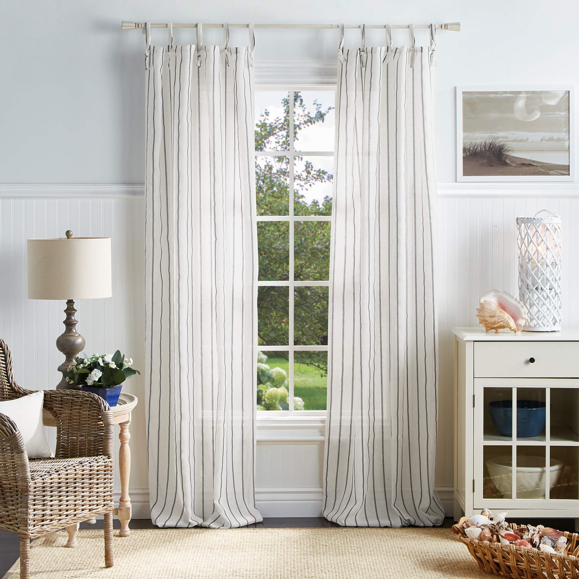 Martha Stewart Laguna Stripe Semi-Sheer Tie Tab Window Curtain Panel Pair, 84", Grey