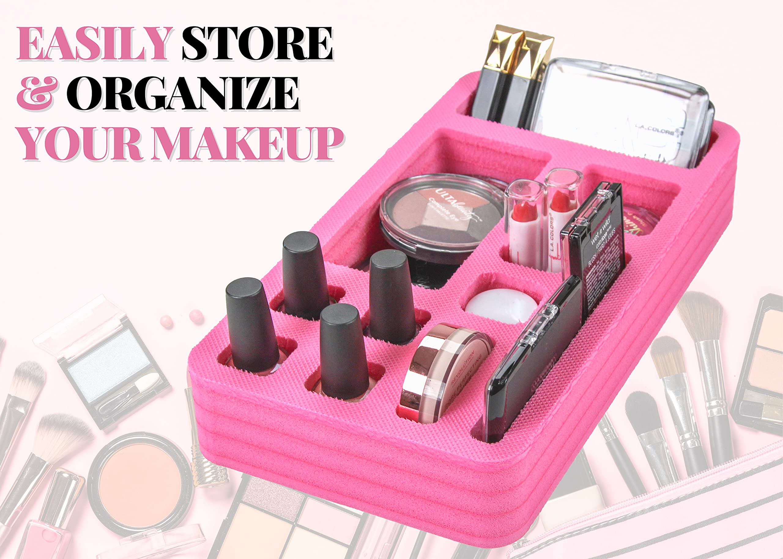 Polar Whale 2 Makeup Pink Drawer Organizers Tray Washable Waterproof Durable Foam Insert for Home Bathroom Bedroom Office 6.9 x 12.9 Inches 11 Compartments for Lipstick Eyeliner Cosmetics and More
