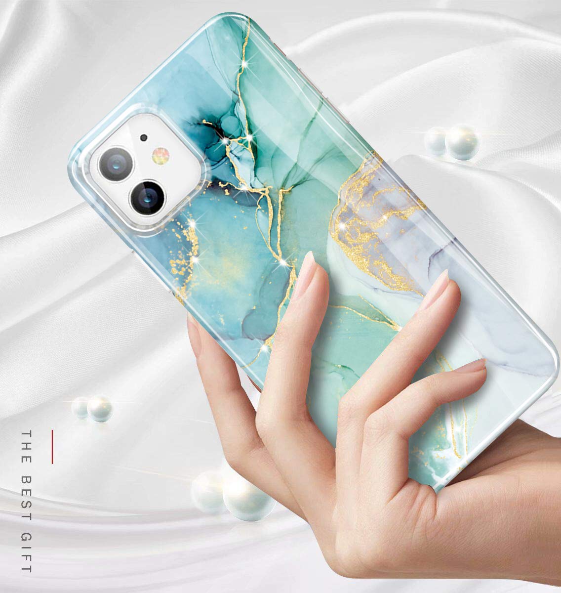 LUOLNH Gold Glitter Sparkle Case Compatible with iPhone 12 Mini Case 5.4 Inch Marble Design Shockproof Soft Silicone Rubber TPU Bumper Cover Skin Phone Case -Abstract Mint