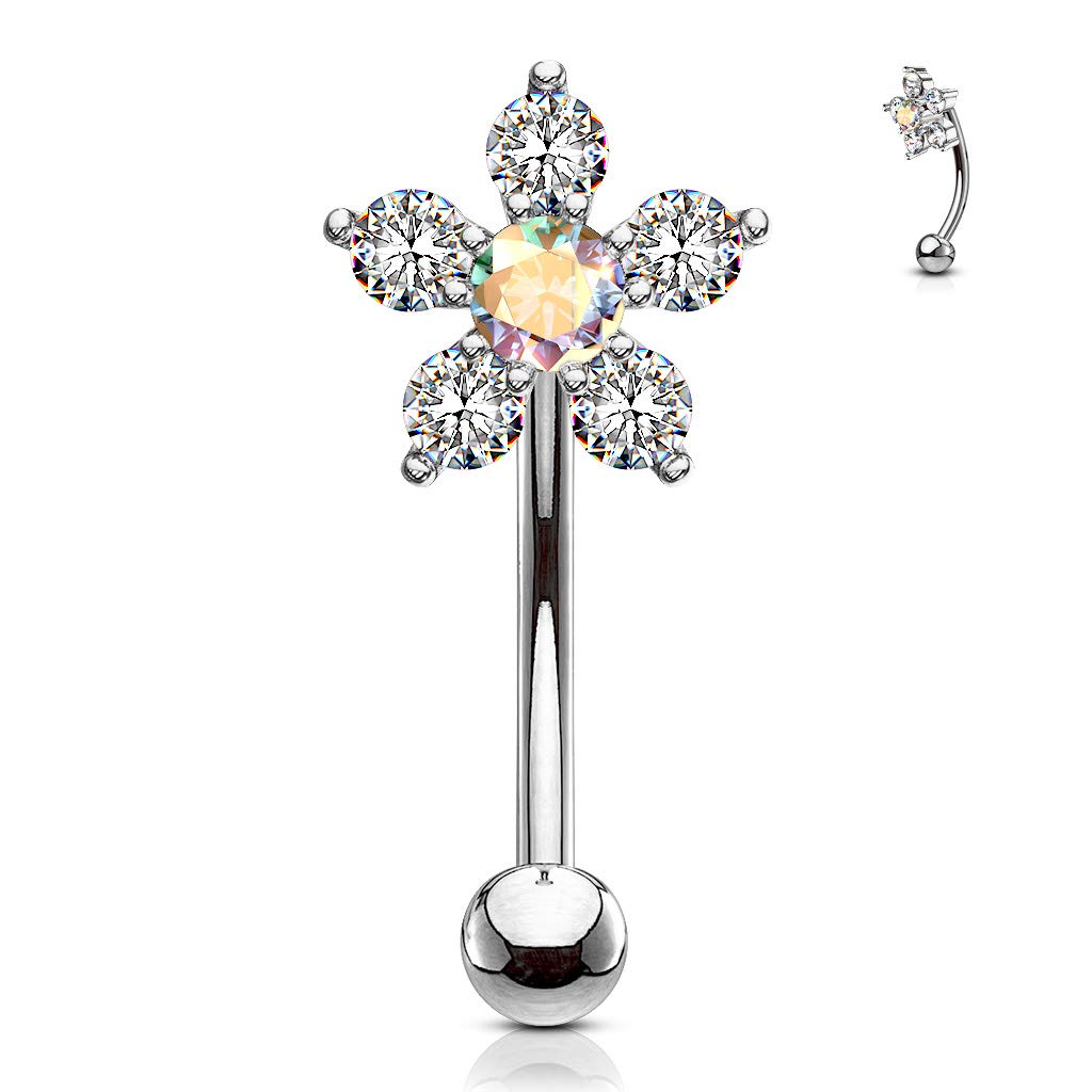MoBody 16G Double Tiered 6 CZ Flower Top Curved Eyebrow Barbell Surgical Steel Body Piercing Eyebrow Ring (Clear/AB)