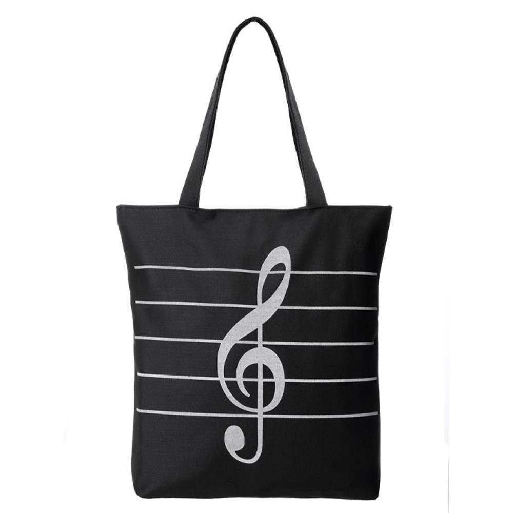 Women Girl Single Shoulder Portable Musical Symbol Canvas Bag (Black)