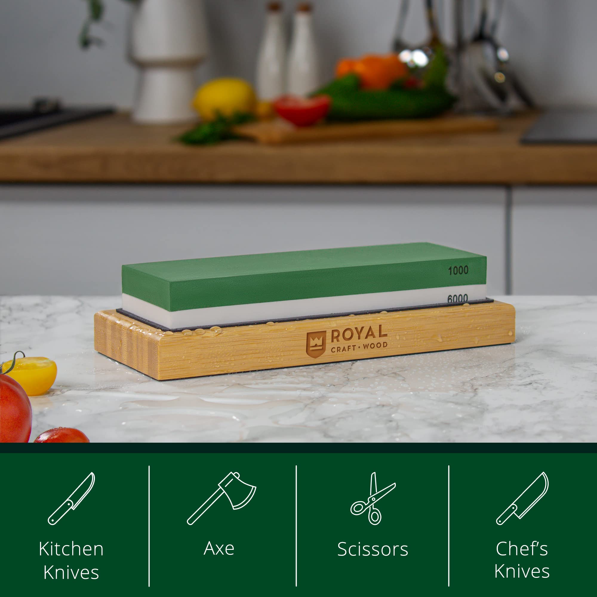 Universal Knife Sharpening Stone w/Dual Grit 1000/6000 for Kitchen Knife Set, Chef Knife, and more - Whetstone Sharpening Kit with Angle Guide, Non-Slip Silicon and Bamboo Bases by ROYAL CRAFT WOOD