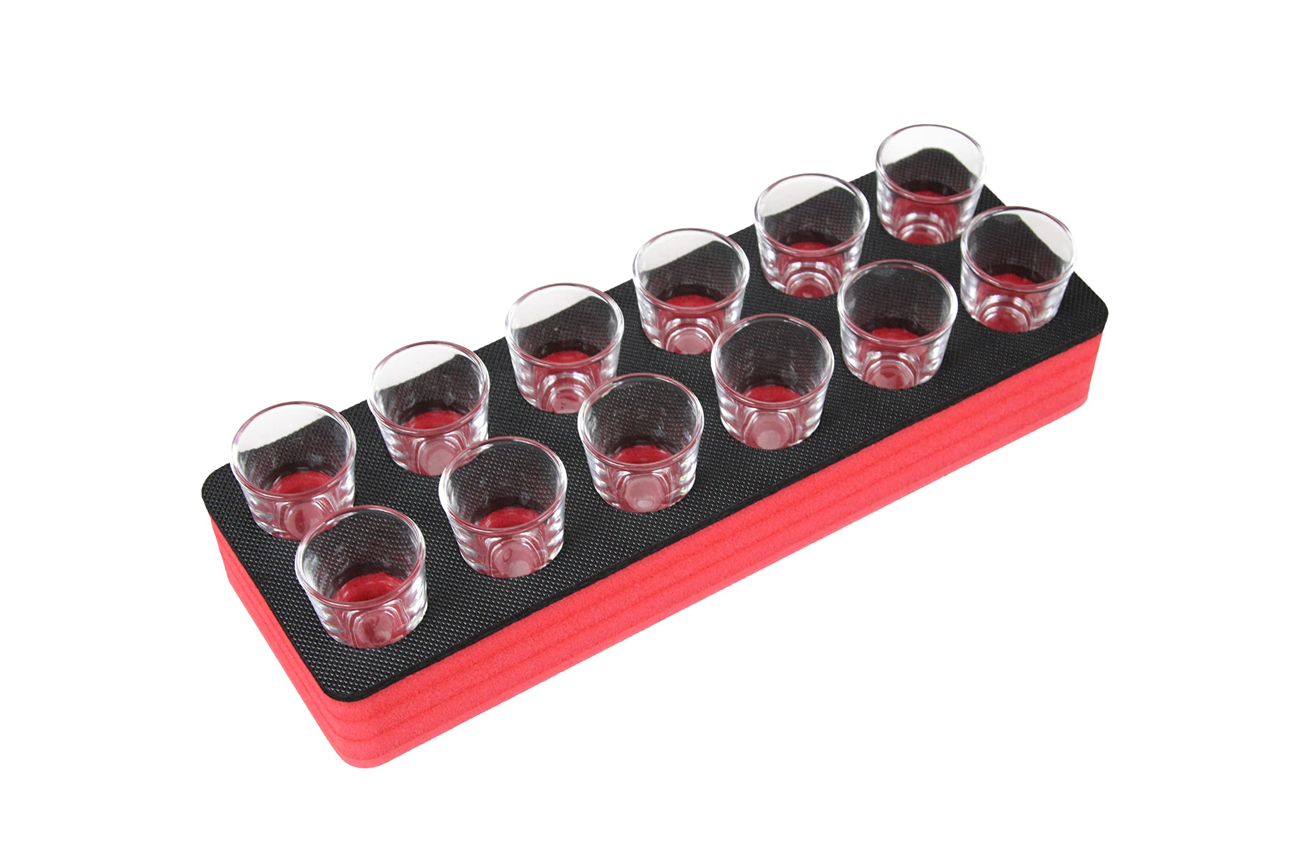 Polar Whale 2 Shot Glass Holders Organizer Modern Tray for Home Kitchen Bar or Club Party Durable Red and Black Durable Foam Serving Rack 14.5 Inches Wide Each Holds 12 Shots