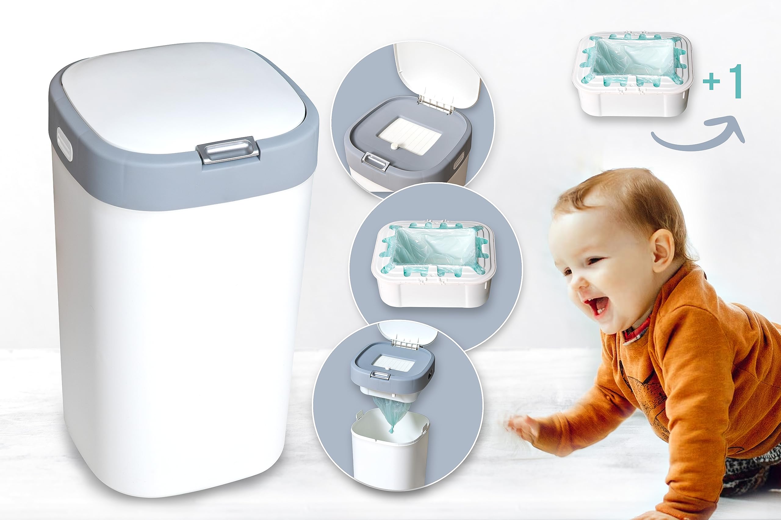 Mabel Home Hands Free Diaper Pail + Extra Cartridge, Easy to Use, Fast Bag Change, Refill System, Does not Absorb Odors, Hands Free, Nappy bin, 11"x11"x18" (White)
