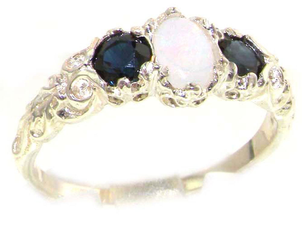 LetsBuyGold 925 Sterling Silver Natural Opal and Sapphire Womens Promise Ring - Size 9.5