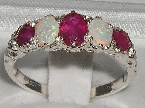 LetsBuyGold 925 Sterling Silver Real Genuine Ruby and Opal Womens Band Ring - Size 11
