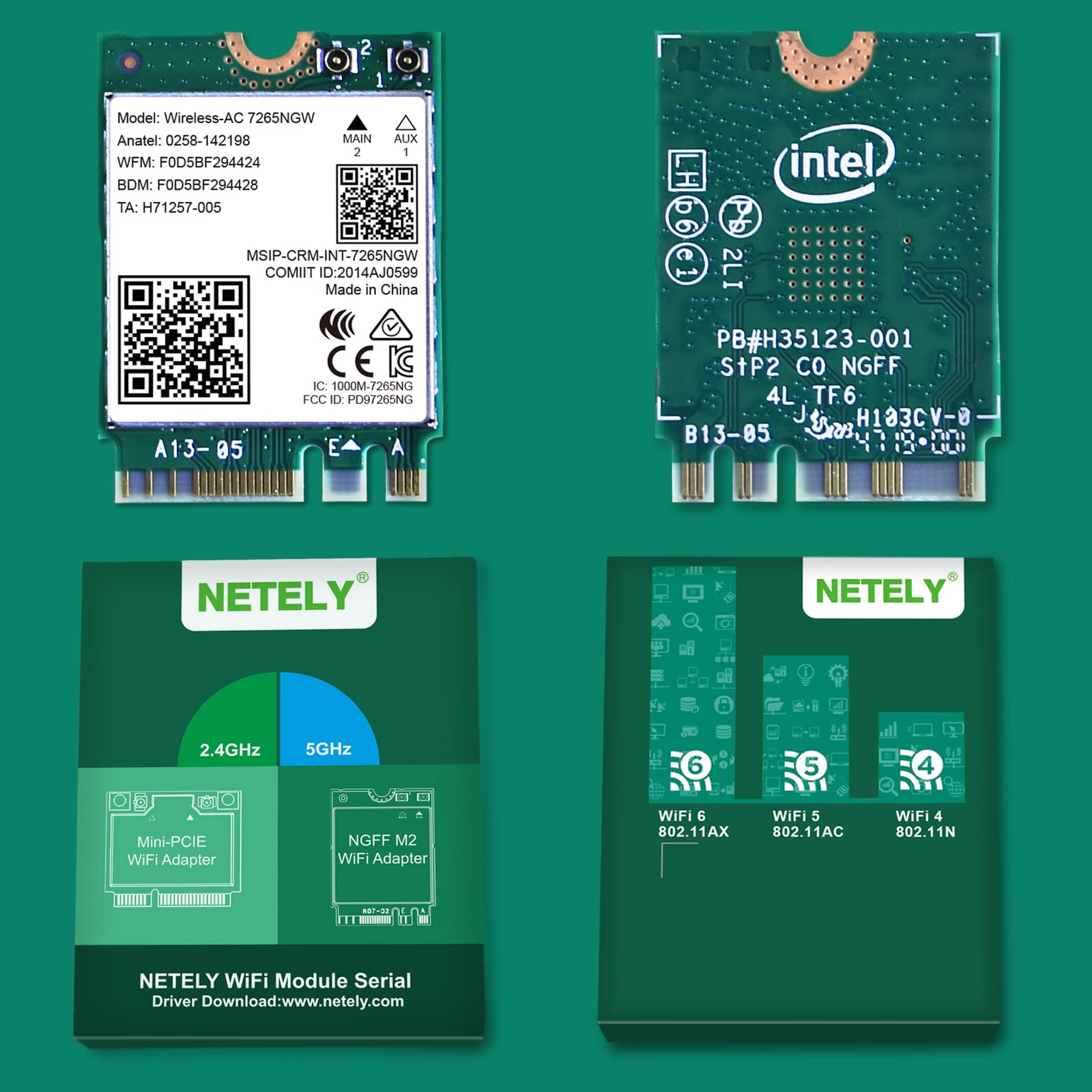 NETELY Wireless-AC 3165NGW NGFF M2 Interface WiFi Adapter with Bluetooth 4.2, Intel Wireless-AC 3165NGW, 2.4GHz 150Mbps & 5GHz 433Mbps Wireless Network Card (Wireless-AC 3165NGW)