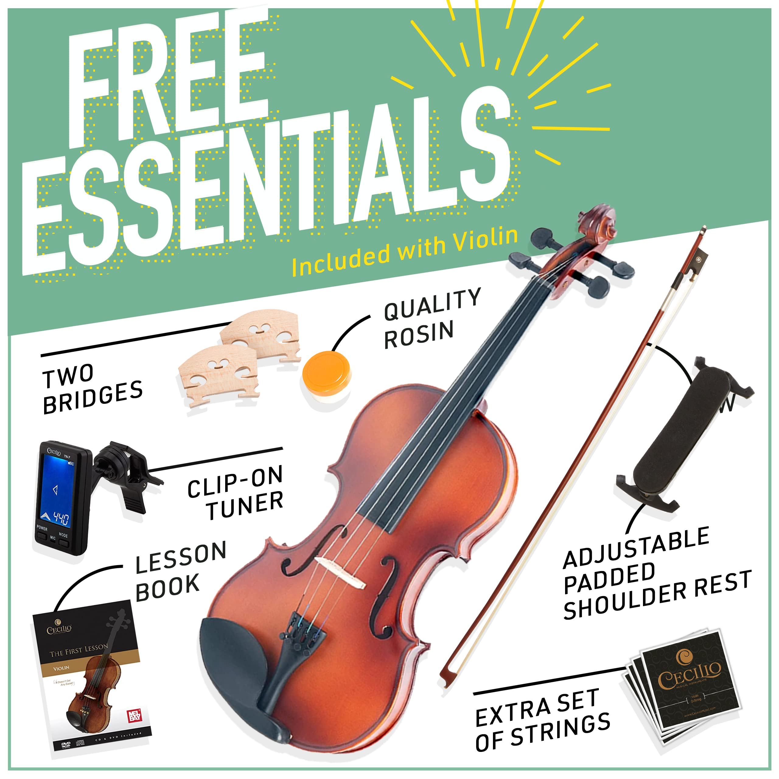 Mendini by Cecilio Violin 4/4 Full Set for Beginners - Fiddle MV 300 Satin Antique Finish