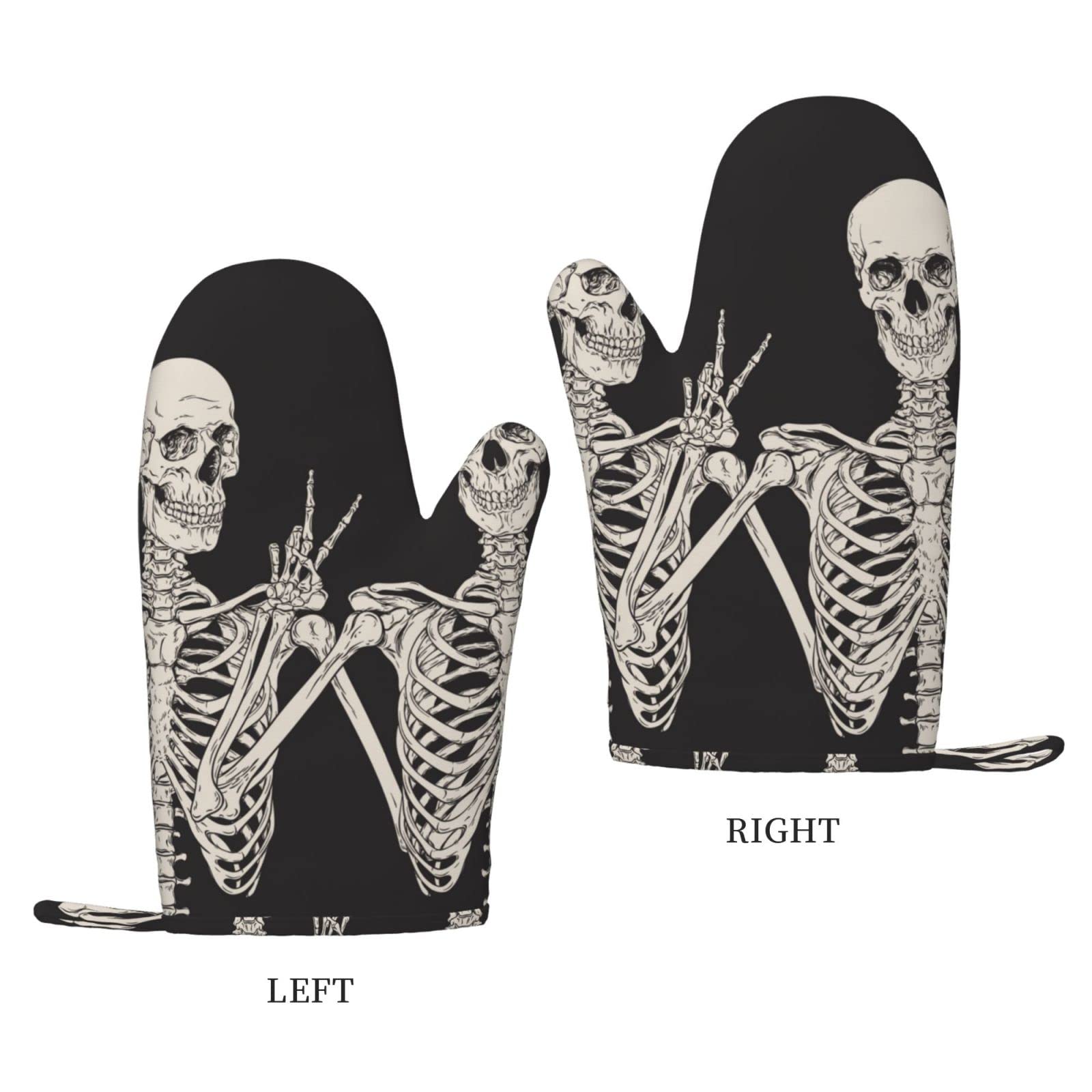 Silicone Heat Resistant Oven Mitts Set, Halloween Human Skull Skeleton Best Friend Waterproof Non-Slip Thick Gloves for Kitchen BBQ Cooking Grilling Baking, Sets of 2, 11 in