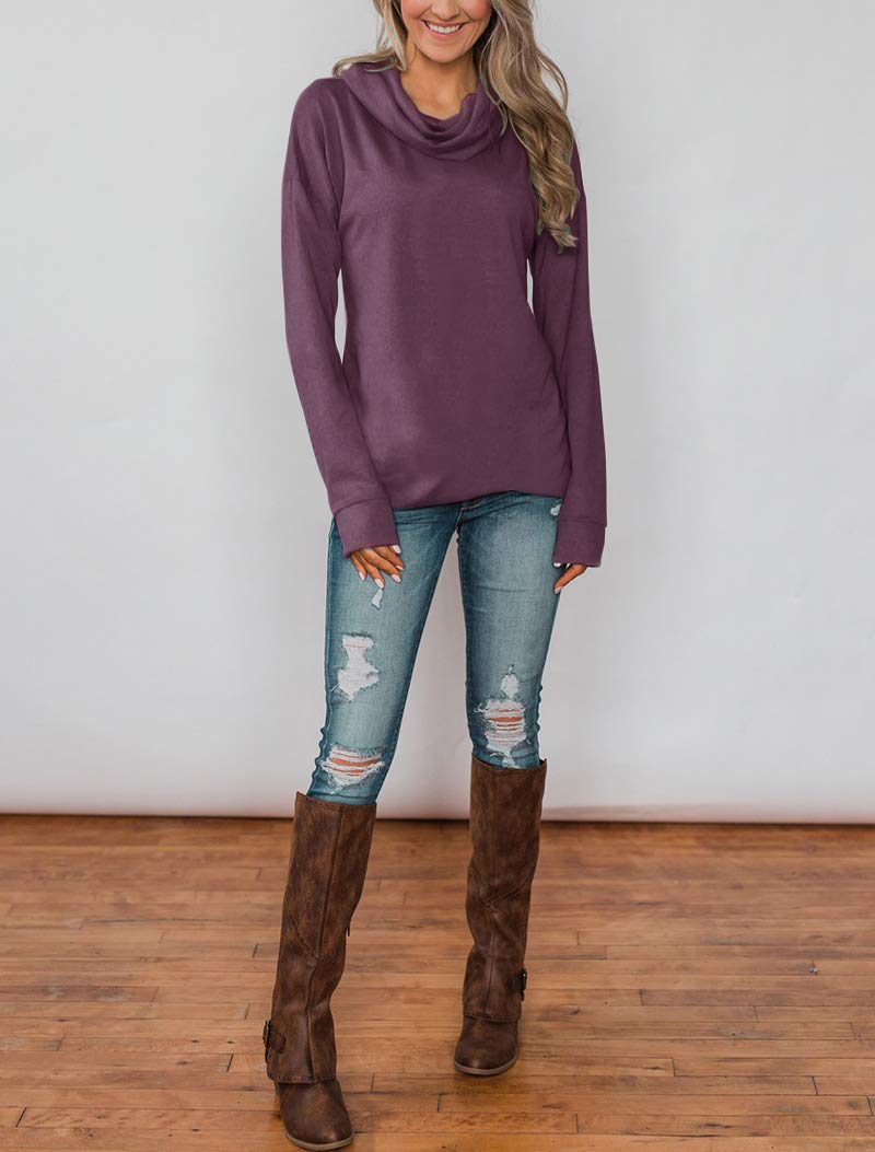 Minthunter Women's Long Sleeve Pullovers Cowl Neck Tunic Shirt Casual Sweatshirt Tops Wine Red