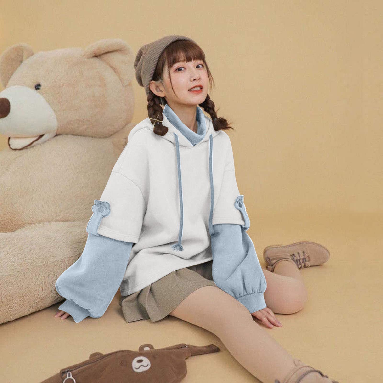 Mimacoo Cute Bear Hoodies for Teen Girls Brown Sweatshirt Long Sleeve Shirts Oversized Pullover with Personality Bag