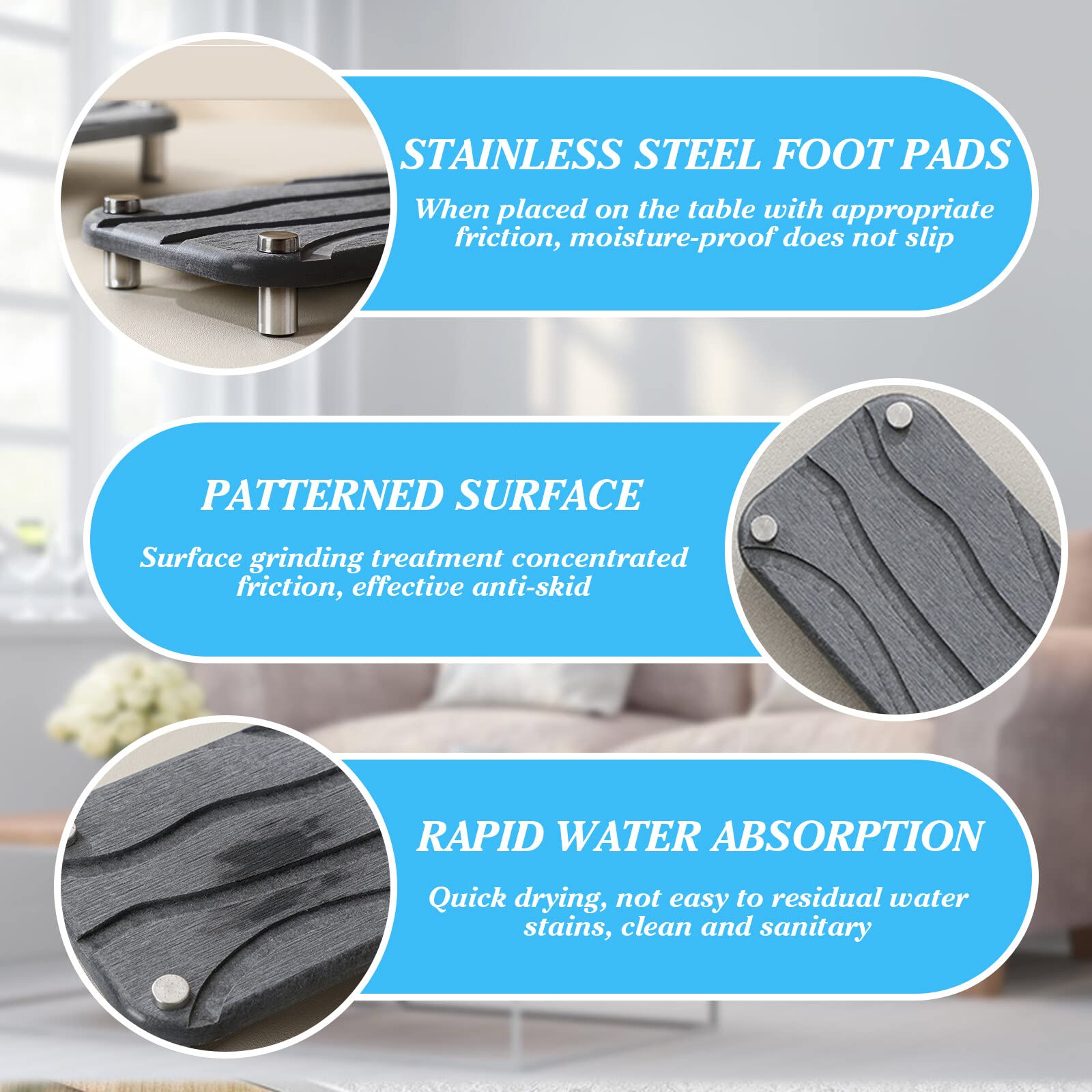 NASHARIA Water Absorbing Stone Tray for Sink:Instant Dry Sink Organizer and Fast Drying Stone Sink Tray Diatoma Sink Tray Drying Stone for Kitchen Bathroom Toothbrush Cup (Dark Gray)