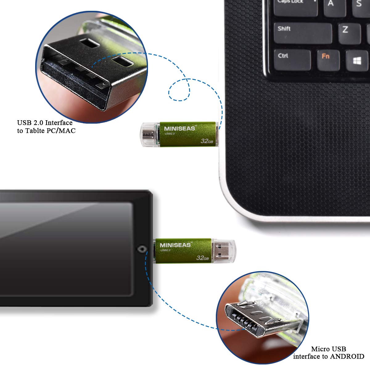OTG USB Flash Drive Miniseas Micro-Port Memory Stick for Android Phones,USB 2.0 Pen Drive Jump Drive for Tablets, Thumb Drive Pendrive for Android Devices/PC/Tablet/Mac (32GB, Green)