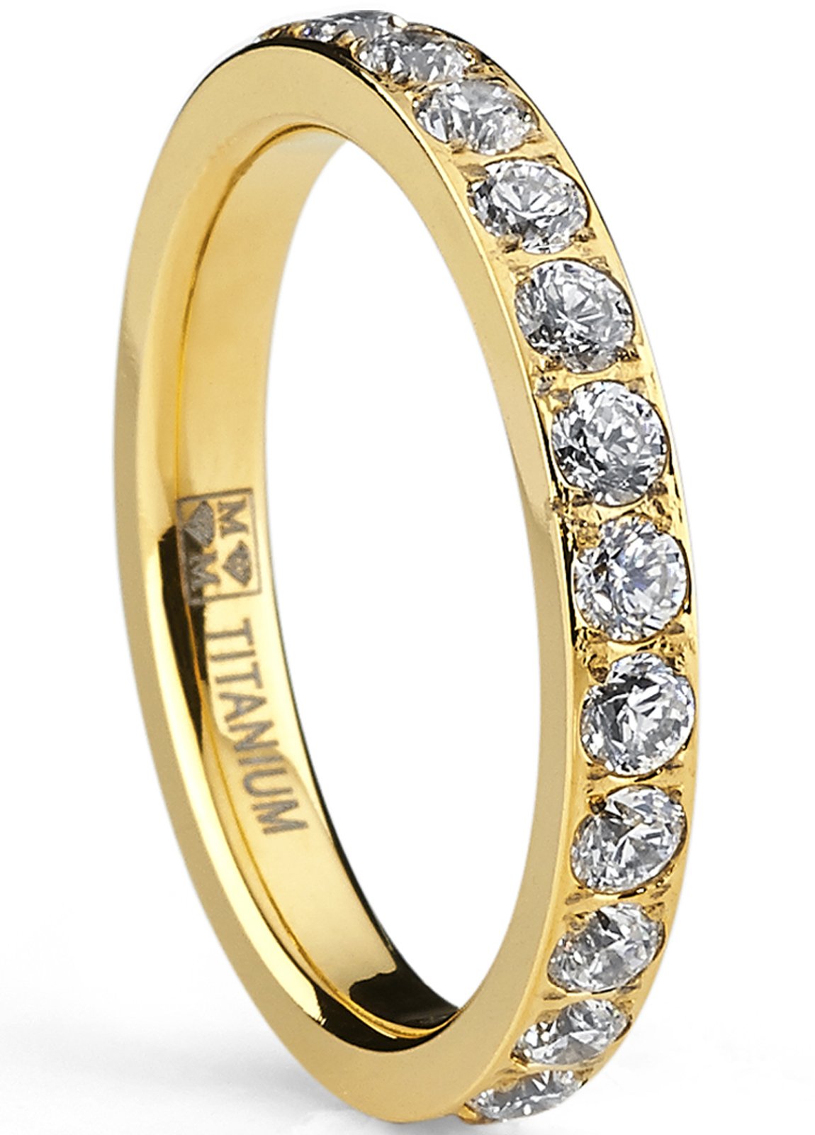 Metal Masters 3MM Women's Goldtone Plated Titanium Eternity Ring, Wedding Band with Pave Set Cubic Zirconia 5