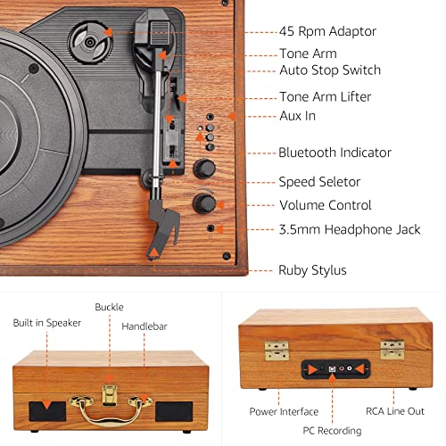 MUSITREND Musitrend Nostalgic Record Player with Bluetooth 3 Speed Turntable Belt Driven Portable Suitcase fit for Home Decoration, Brown (T316WI-USWI)