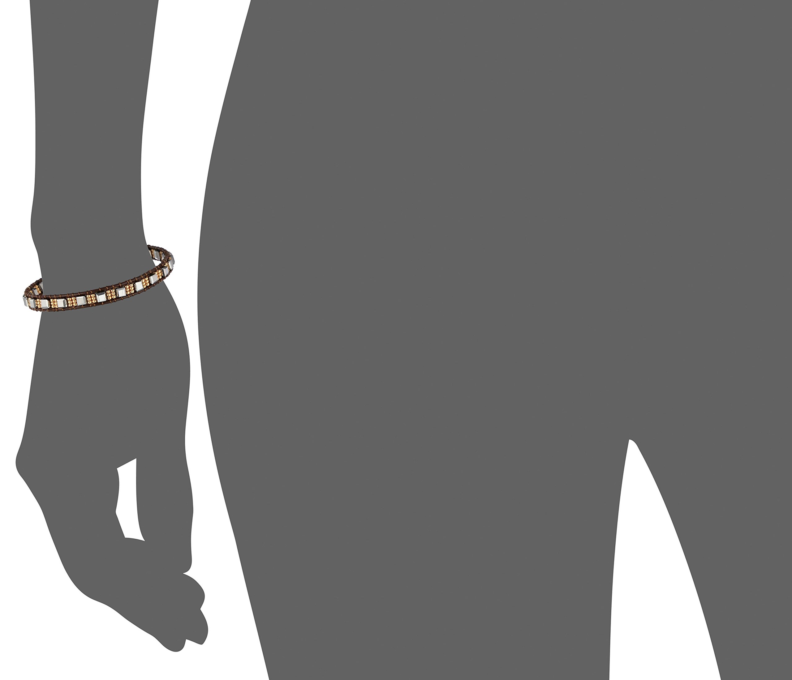 Miguel Ases Pyrite Cube and Miyuki Mixed Metal Single Row Brown Leather Slip Knot Bracelet