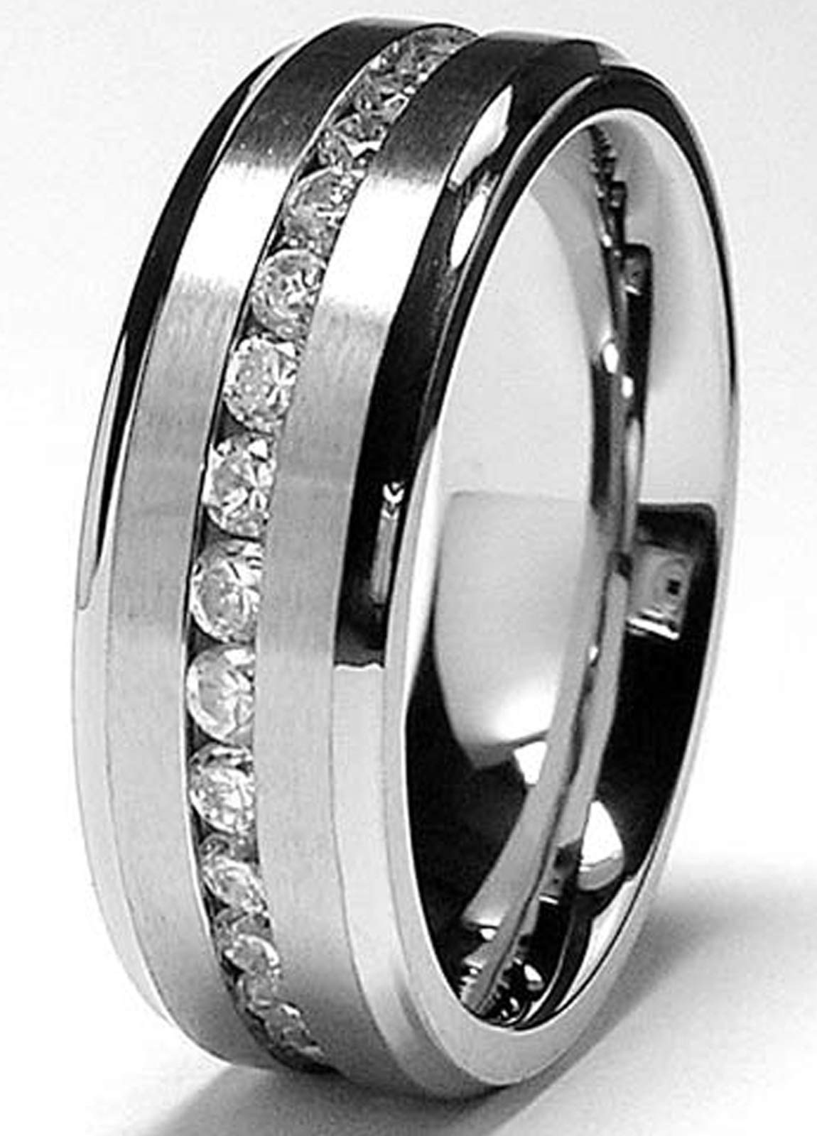 Metal Masters 7MM Men's Eternity Titanium Ring Wedding Band with Cubic Zirconia CZ Size 9.5