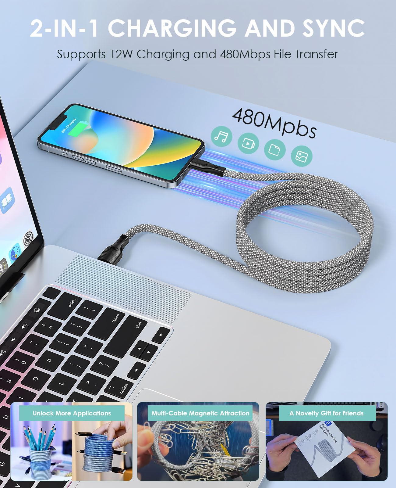 Magtame iPhone Charger Lightning Cable, 3.3ft Magnetic Coiled iPhone Cable Fast Charging Braided Charger Cord, MFi Certified Compatible with iPhone 14 13 12 11 Pro Max Plus Tangle-Free and Durable