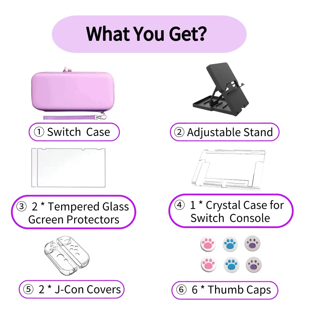 Switch Accessories Bundle, Peniobnm 13 in 1 Switch Accessories Kit Includes Switch Case, Adjustable Stand, 2 Tempered Glass Screen Protectors, Crystal Case for Console, 6 Thumb Grip Caps, Purple