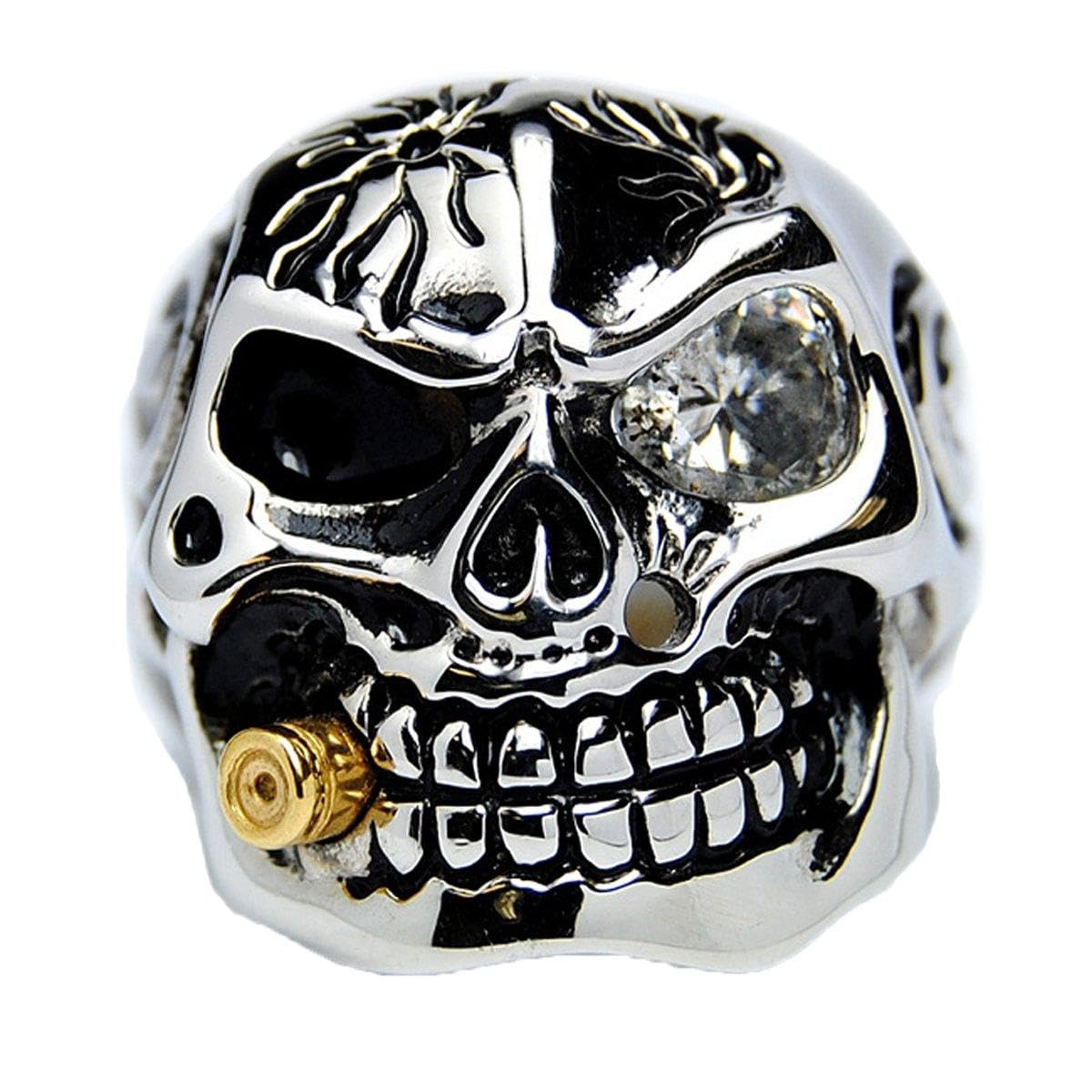 Metal Masters CO. Casted Stainless Steel Skull Ring 1.5Ct Cubic Zirconia & Bullet Halloween