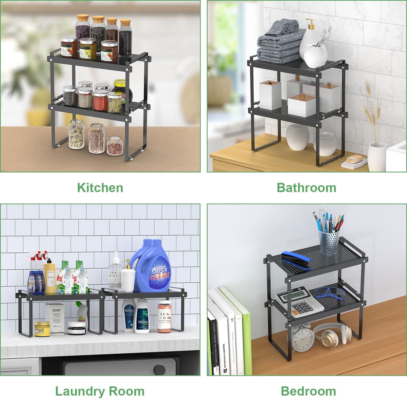 NATFAIRY Under Sink Organizers and Storage, Under Cabinet Organizer with 2-Tier Capacity, Multi-Purpose Standing Storage Shelf for Bathroom Kitchen Storage, Black Hollow-Out