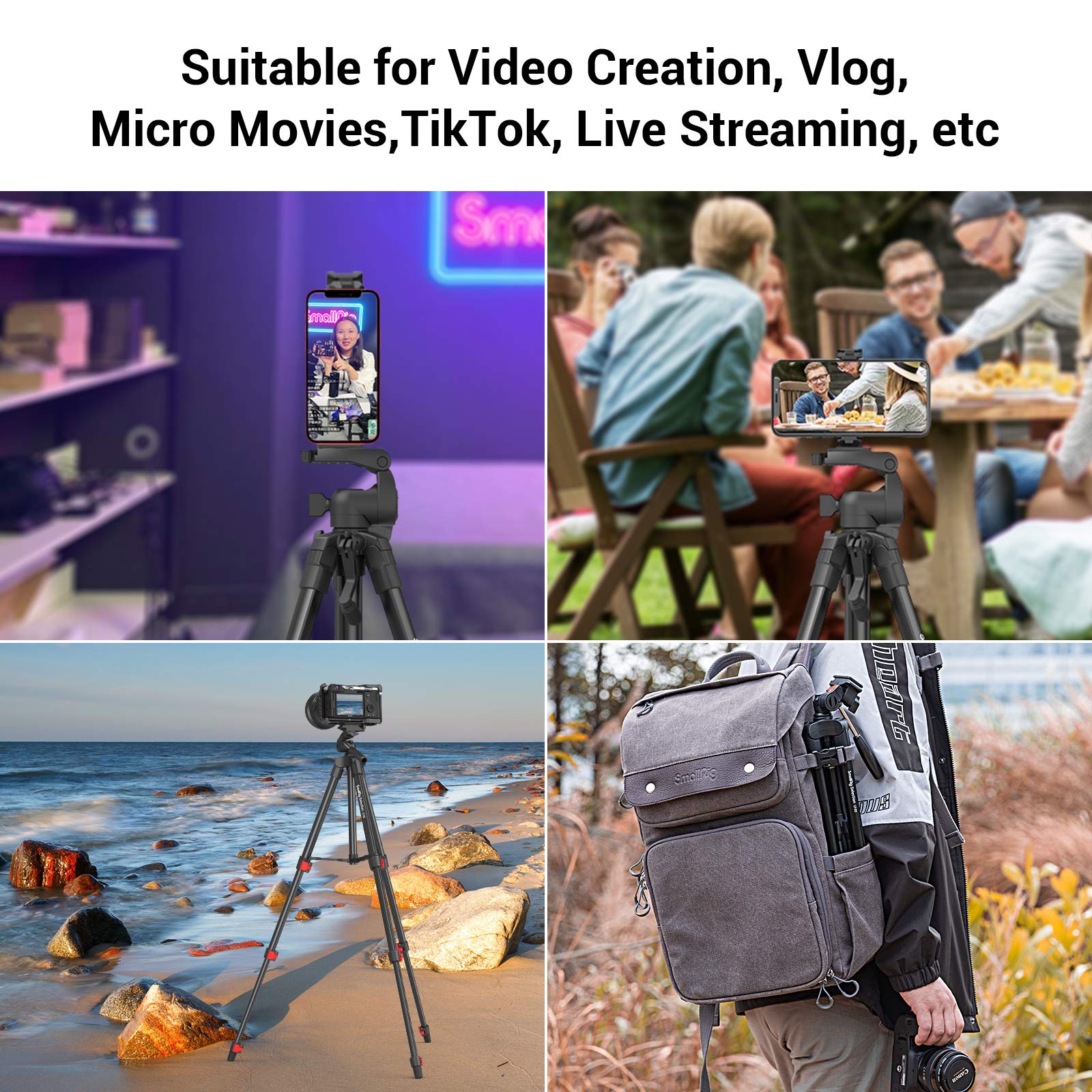 Phone Tripod, SmallRig Selection 47 Inch Lightweight Aluminum Travel Camera Tripod with Phone Holde & Bluetooth Remote, Max Load 4.4 Lbs, Compatible with for Mirrorless/Gopro/DSLR Camera LT-02 3254