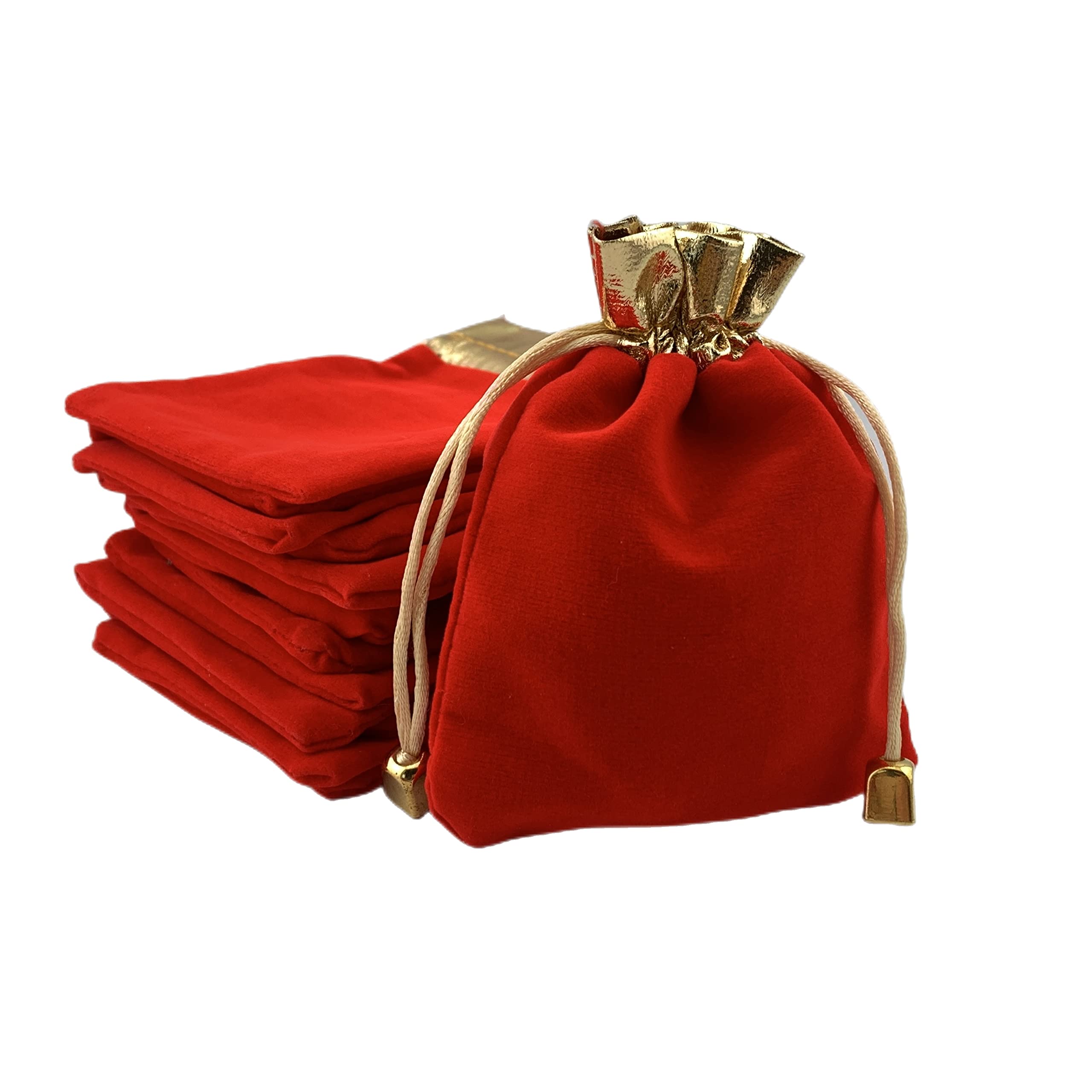 Palmhomee Pack of 12 Velvet Drawstring Bags With Gold Color Openning Gift Bag Velvet Pouch For Jewelry Wedding and Party Favor (5x6 Inch, Red+Gold Openning)