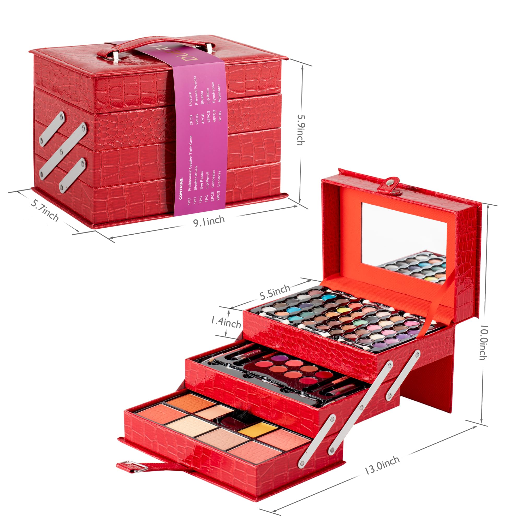 Maùve Professional Leather Train Case with Mirror Makeup Kit (Eyeshadow, Blushes, Powder, Lipstick & More) Holiday Exclusive MU12 (RED)