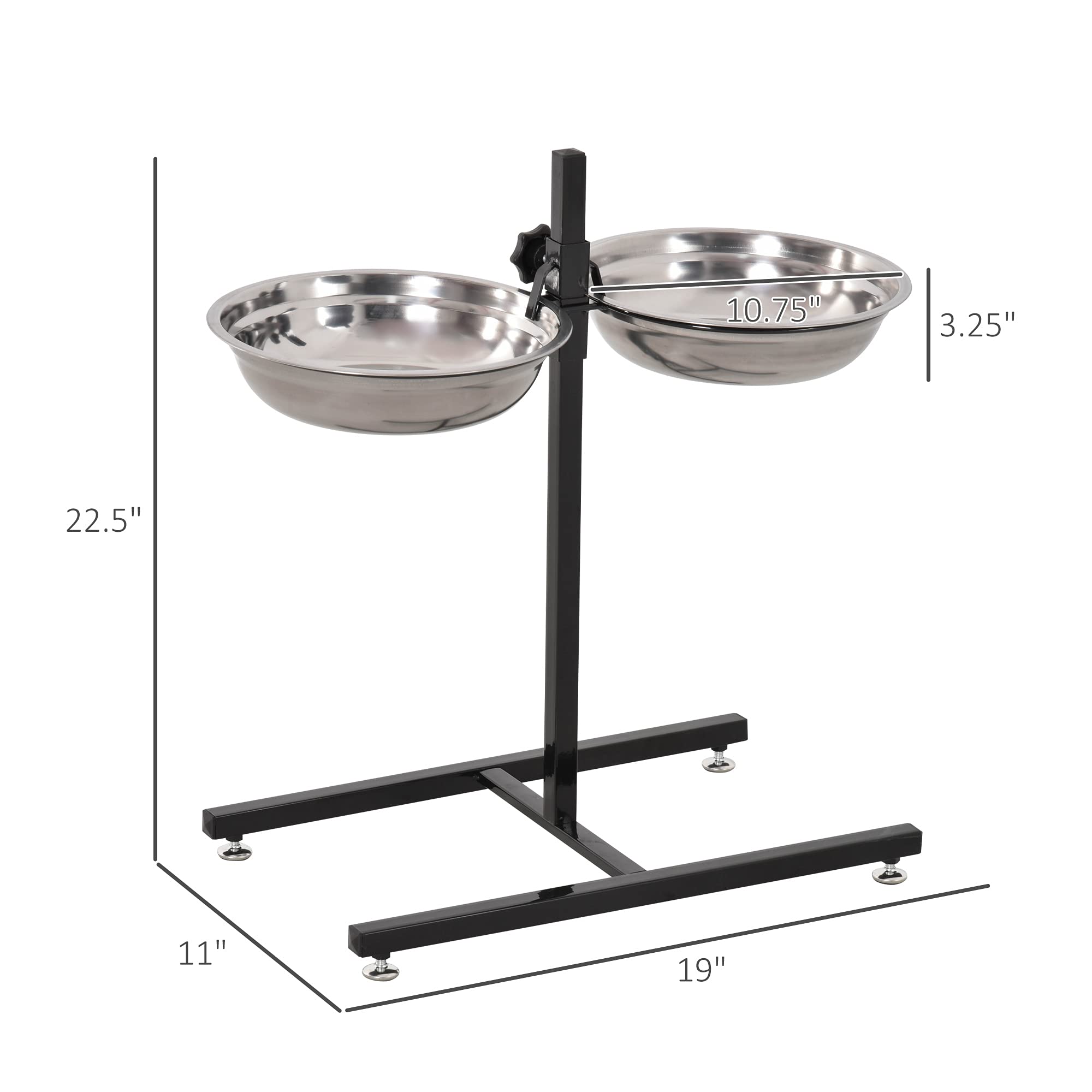 PawHut Adjustable Elevated Dog Bowls, Stainless Steel Dog Double Bowls with H-Base Raised Bowl Stand for Dogs Cats, 22.5"H