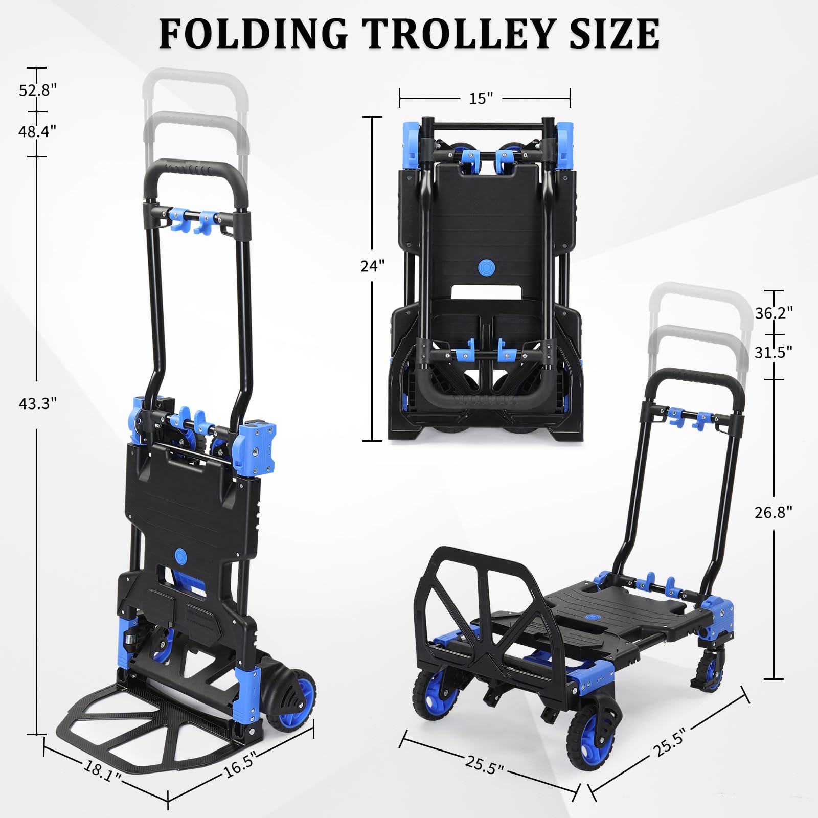 Winado 2-in-1 Folding Hand Truck, 330lbs Foldable Hand Truck Dolly, Height Adjustable Portable Dolly Cart with Wheels & Retractable Handle for Transportation, Shopping, Office, Home use - Blue