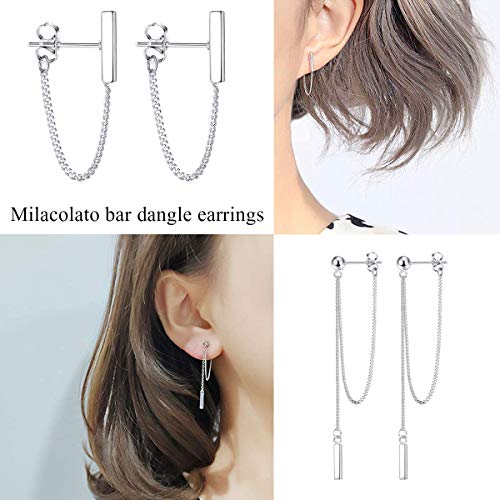 Milacolato 925 Sterling Silver Chain Earrings 14K Gold Plated Chain Dangle Bar Earrings Hypoallergenic Stud Earrings with Long Drop Threader Chain for Women