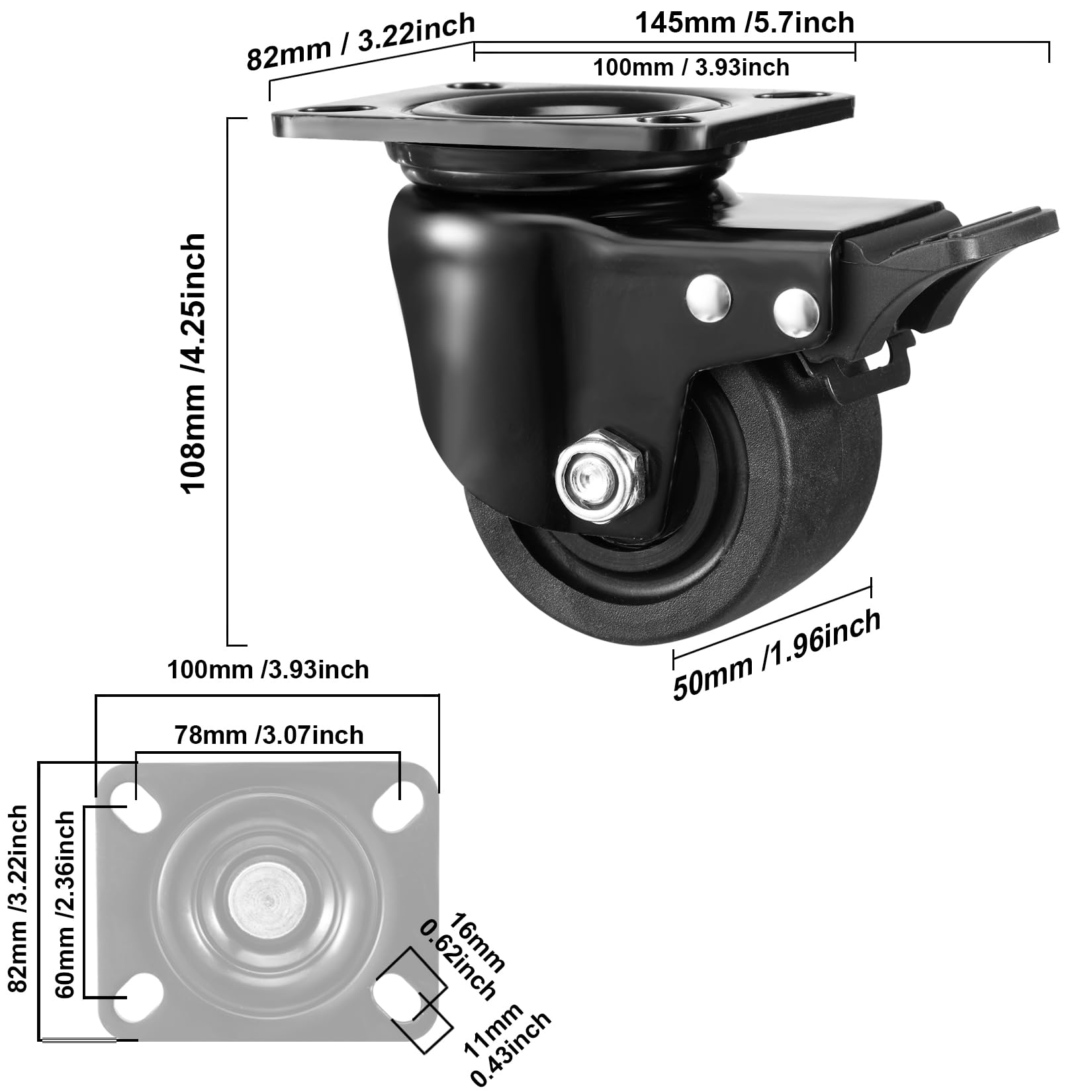 W B D WEIBIDA Plate Swivel Caster Wheels 3-inch Heavy Duty of 4400lbs, Low Gravity Center Design Black Caster Wheels with Brake, Durable & Quiet & Sturdy Nylon Wheels for Industrial, Set of 4