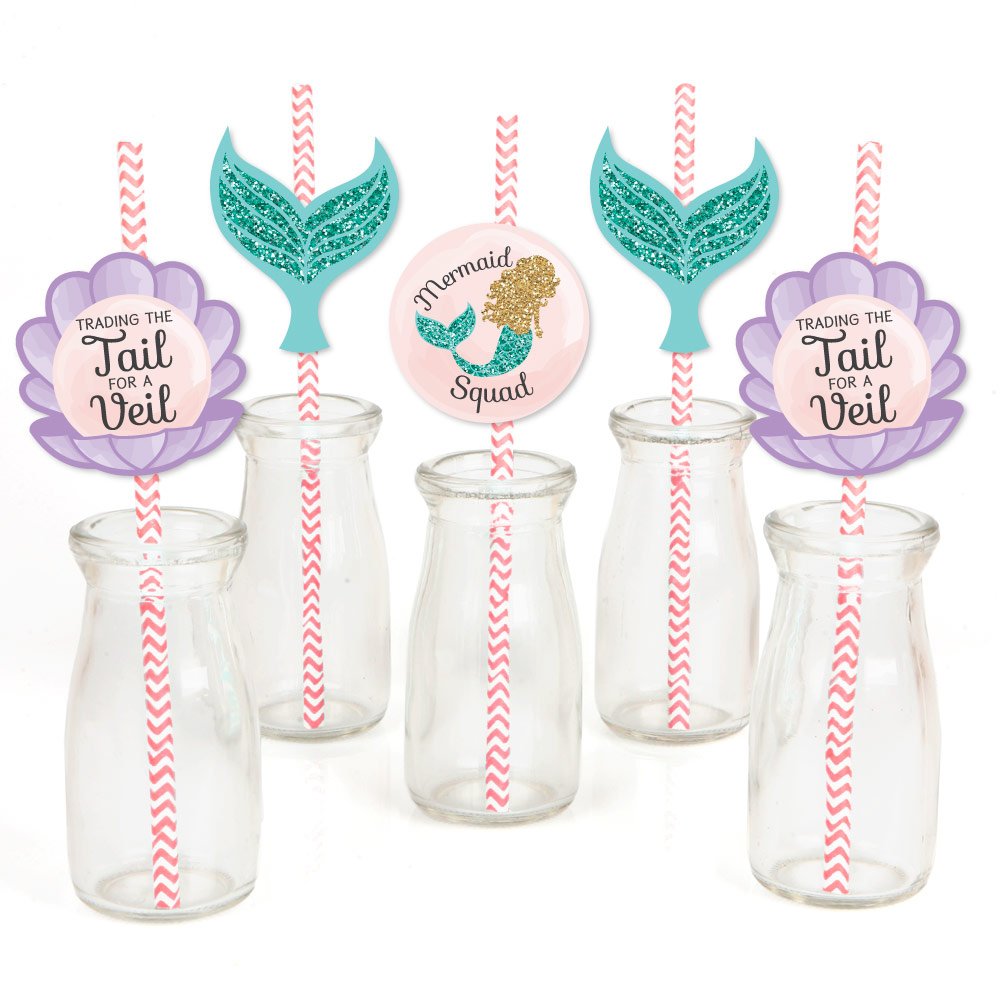 Trading The Tail for A Veil - Paper Straw Decor - Mermaid Bachelorette Party or Bridal Shower Striped Decorative Straws - Set of 24