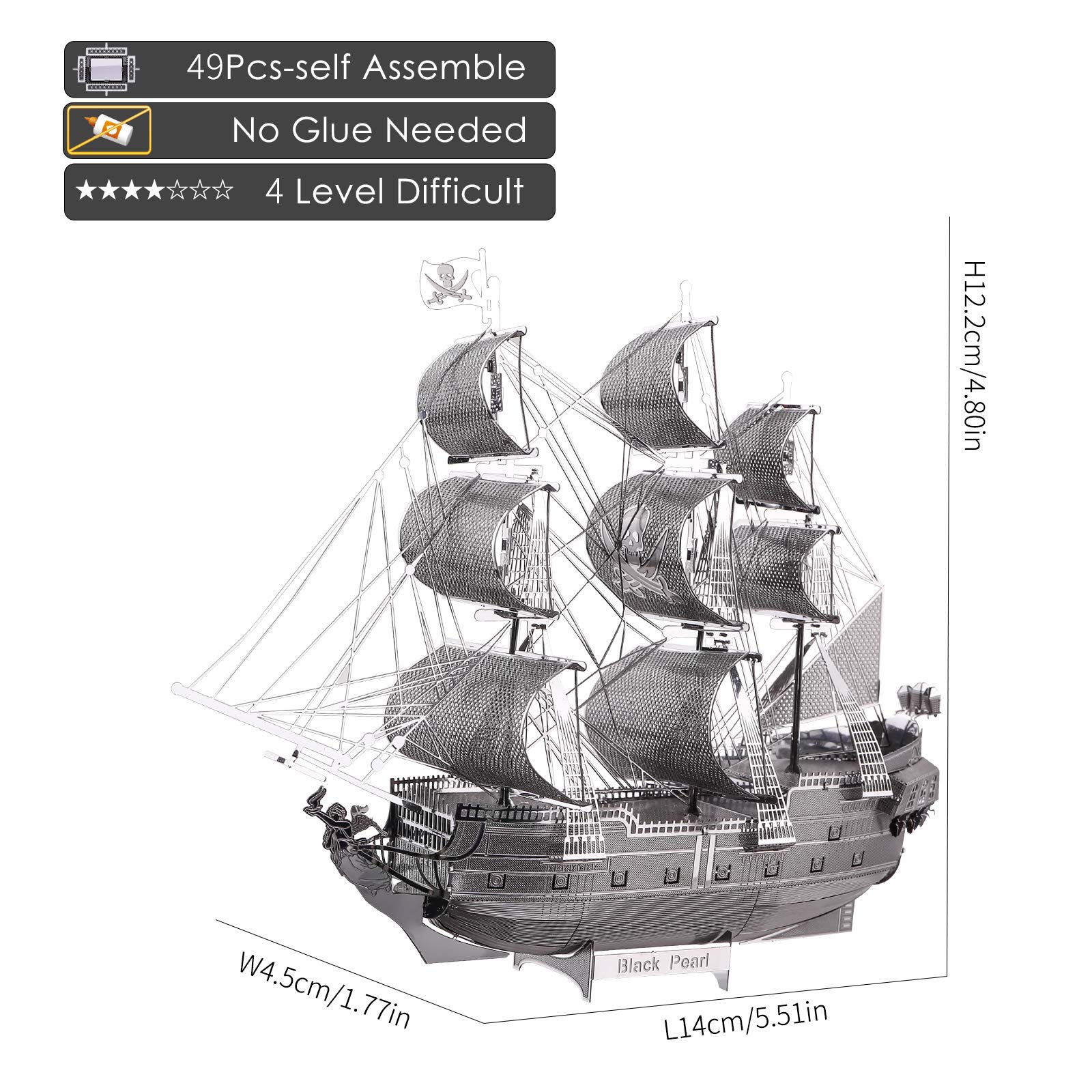 Piececool 3D Puzzle for Adults Metal Model Kits-Black Pearl Pirate Ship DIY 3D Metal Puzzles, Flying Dutchman Model Ship STEM Building Kit Puzzle Toy, Great Birthday Gift Idea-49 Pcs