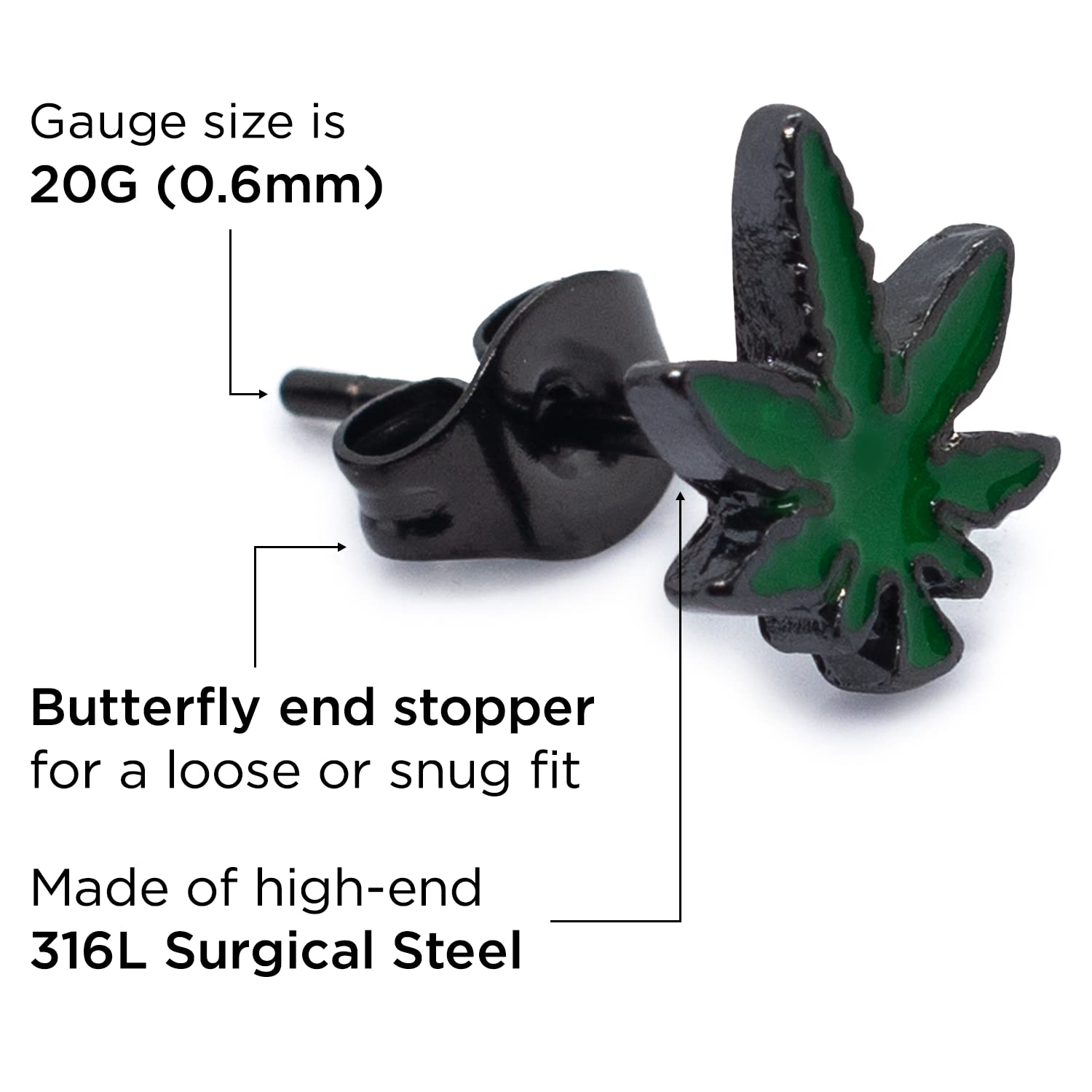 Pierce2GO Stud Earrings 316L Stainless Steel Anodized Black Ear Studs with Green Marijuana Leaf Pendant Earrings Studs for Women and Men β Marijuana Stud Earrings Set of 2