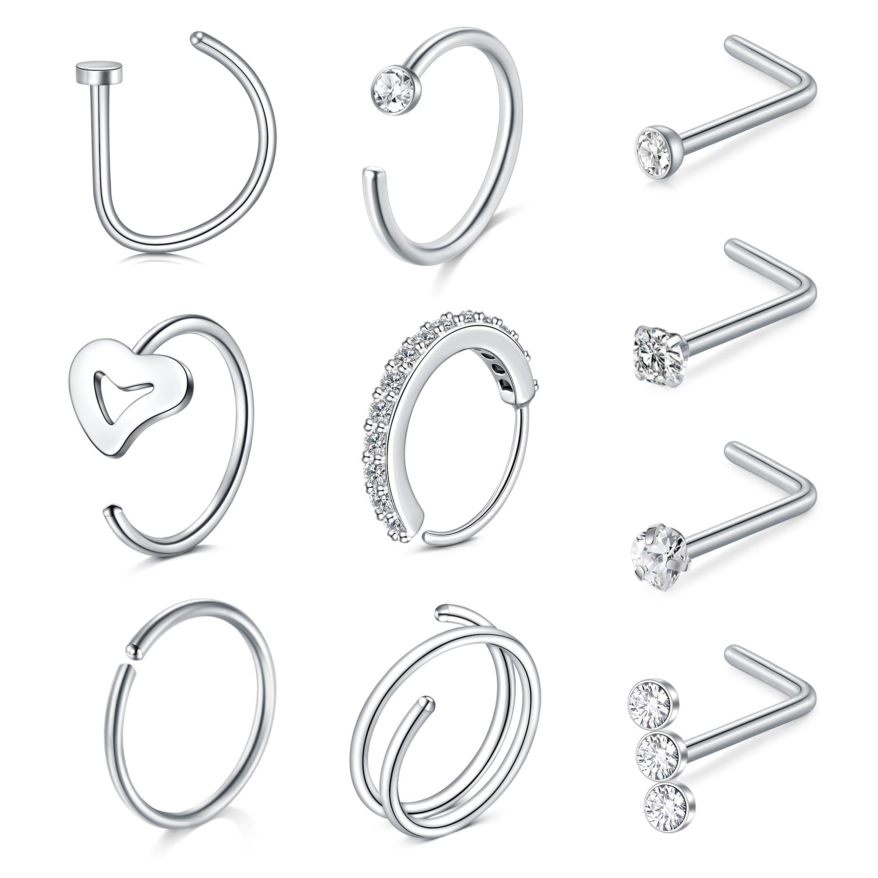 MODRSA 22g Nose Rings Hoop L-Shaped Nose Rings Studs Screw Stainless Steel CZ Top 18pcs Nose Piercing set
