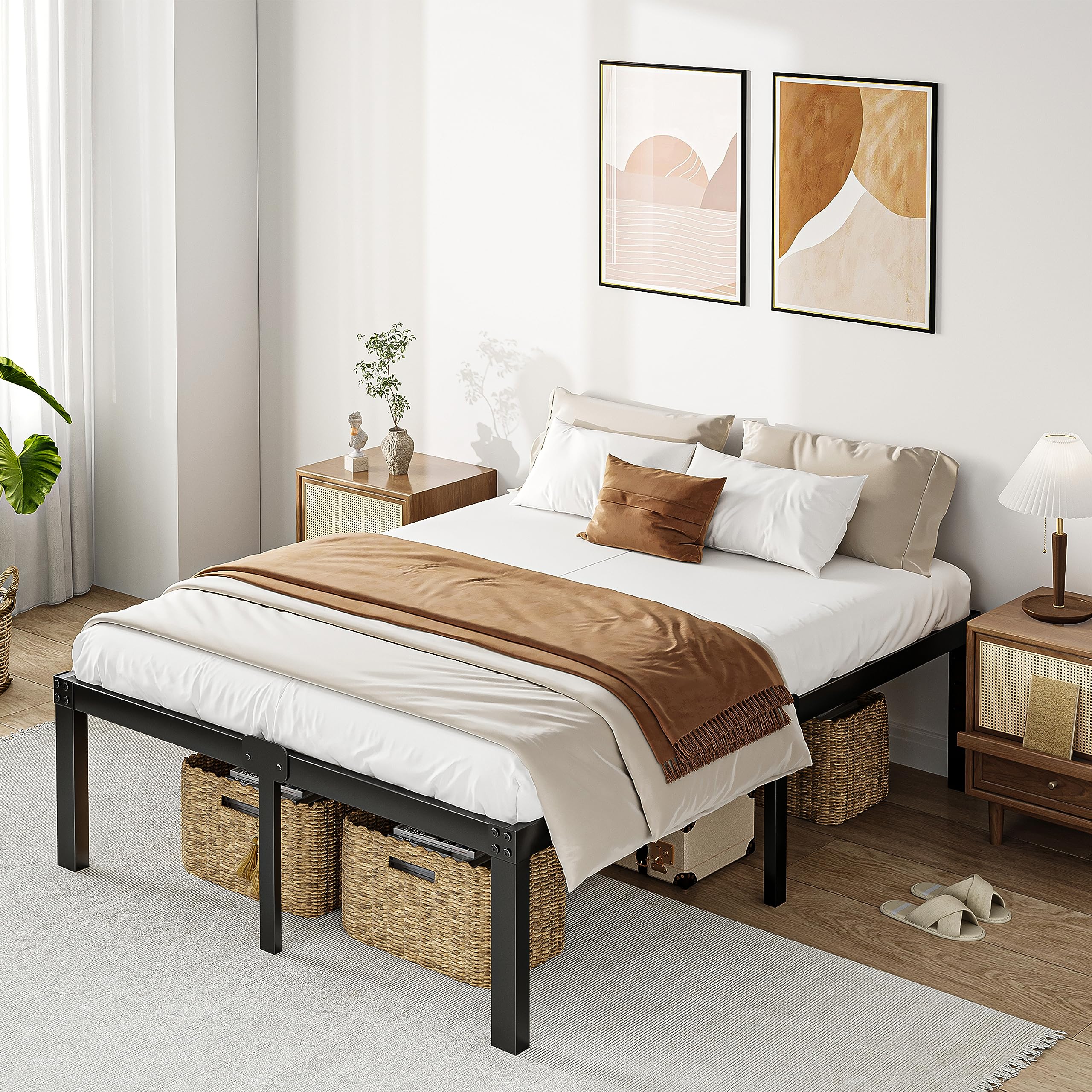 LIJQCI 16 inch Queen Bed Frame Platform Heavy Duty Metal with Storage No Box Spring Needed Noise Free Tall Sturdy Steel Slats Support