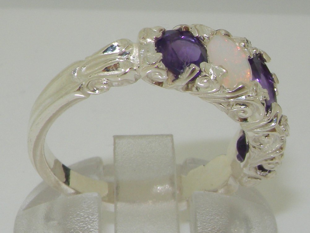 LetsBuyGold 925 Sterling Silver Real Genuine Amethyst and Opal Womens Band Ring - Size 11